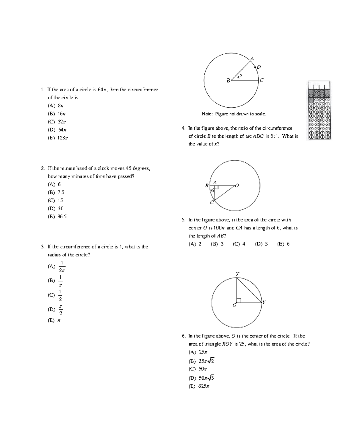 Sat worksheet 23a - sat - If the area of a circle is 64 , then the ...