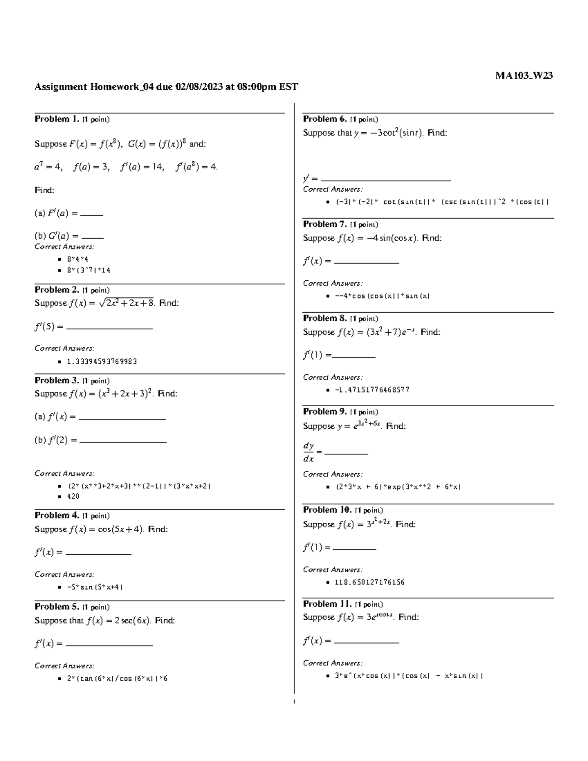 MA103 W23 - MA103 W Assignment Homework 04 due 02/08/2023 at 08:00pm ...