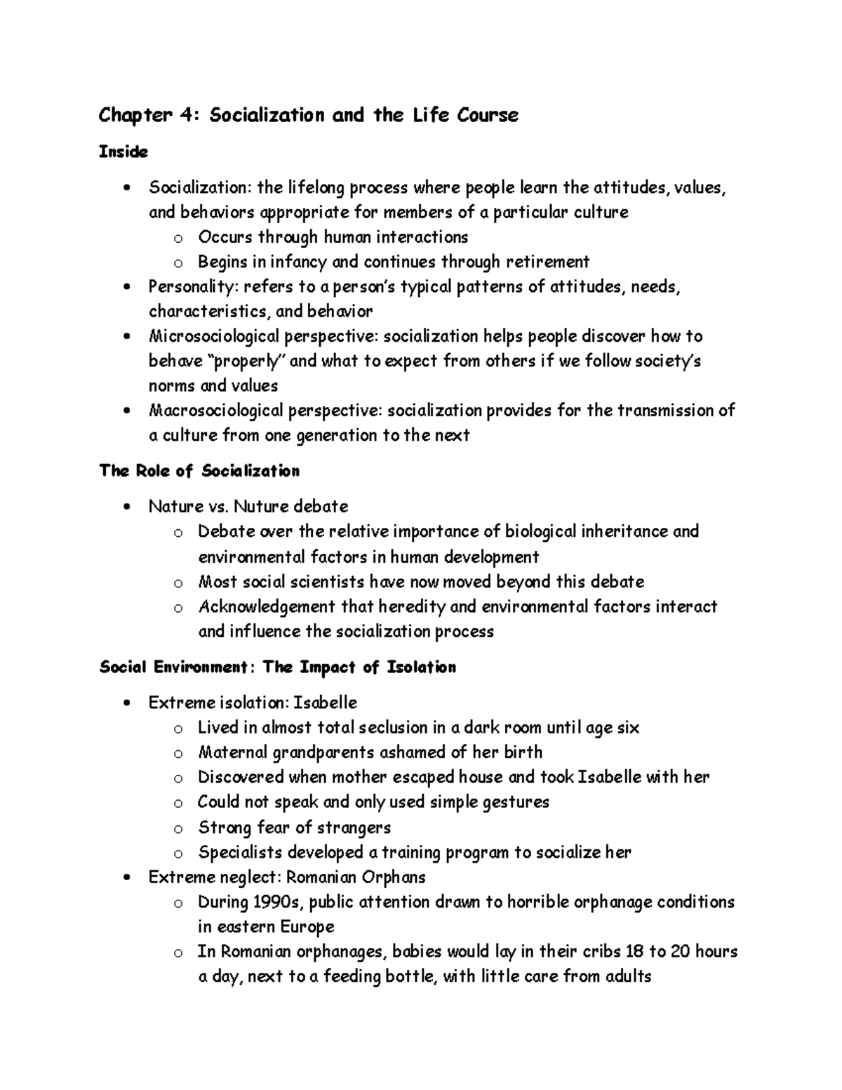 Chapter 4 Lecture Notes - Chapter 4: Socialization and the Life Course ...