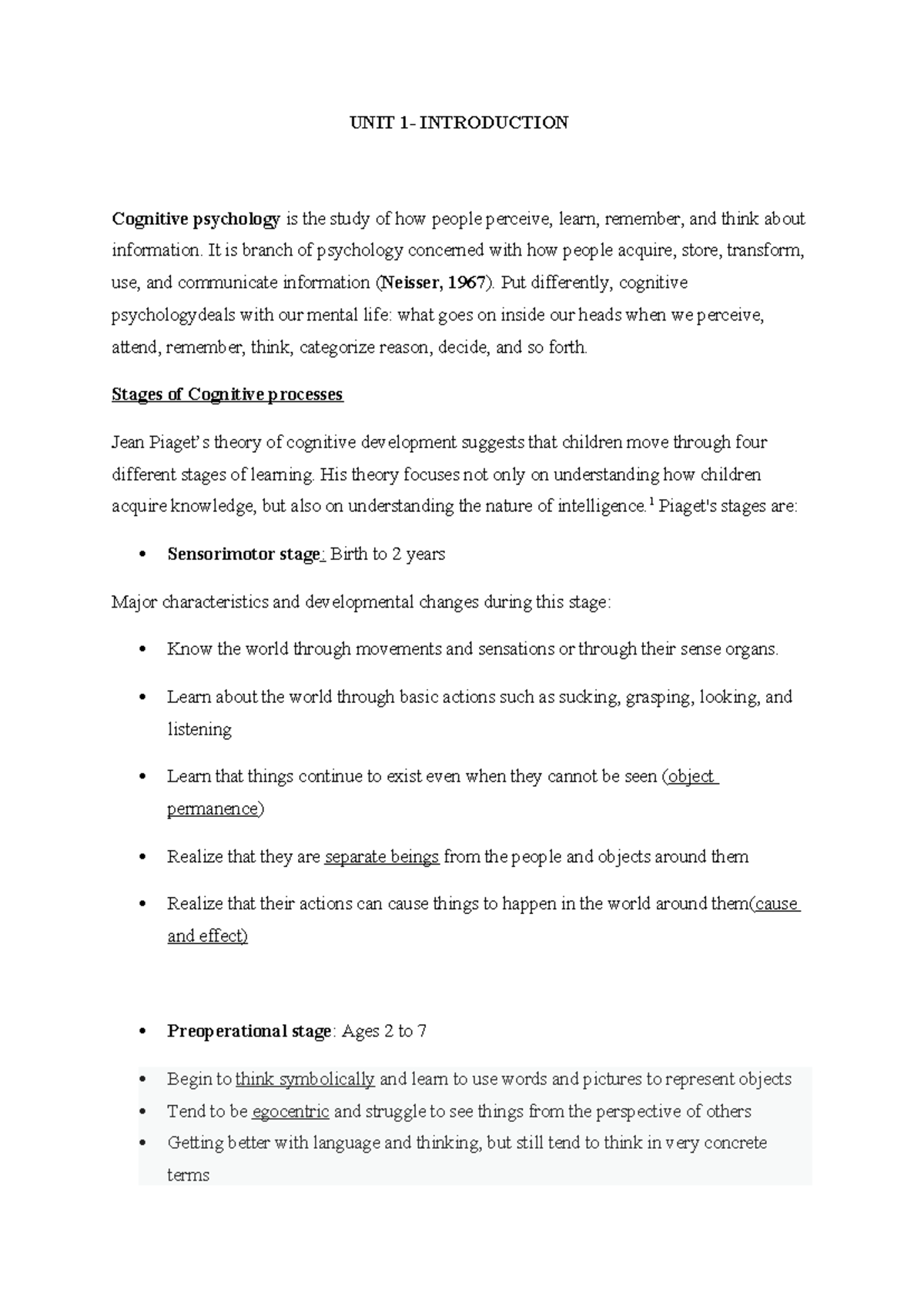 UNIT 1- introduction - UNIT 1- INTRODUCTION Cognitive psychology is the ...