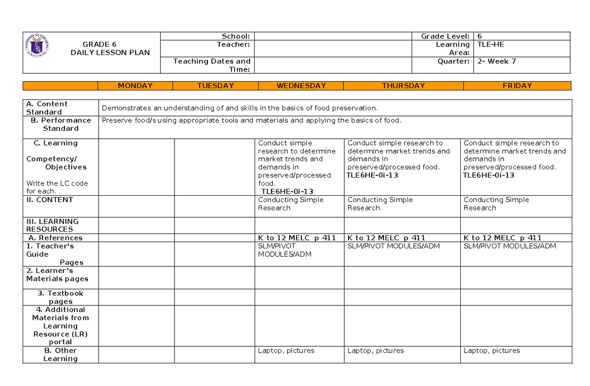TLE DLL G6 Q2 W7-1 - DLL - GRADE 6 DAILY LESSON PLAN School: Grade ...