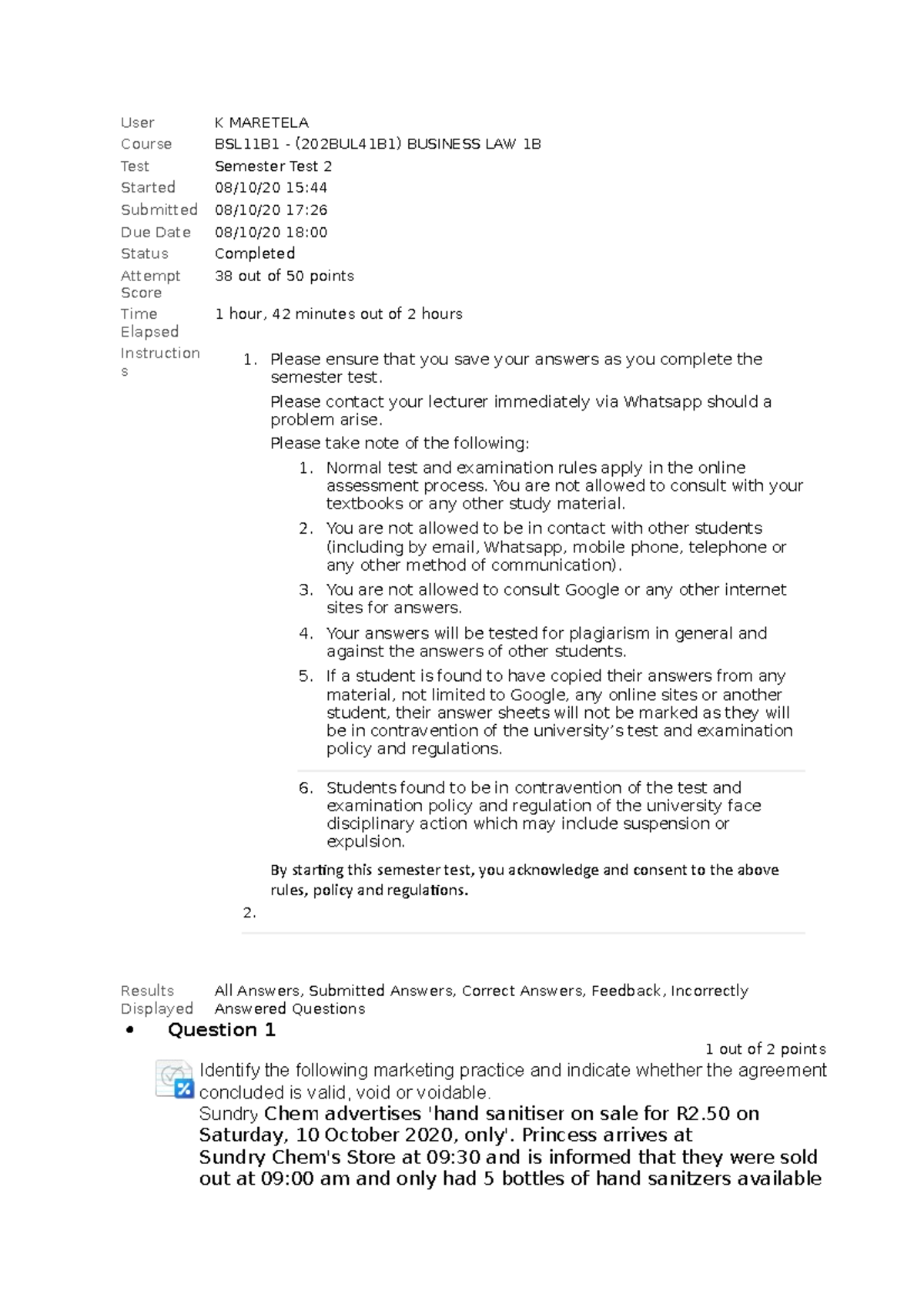 Business LAW TEST2 - Practice tests - User K MARETELA Course BSL11B1 ...