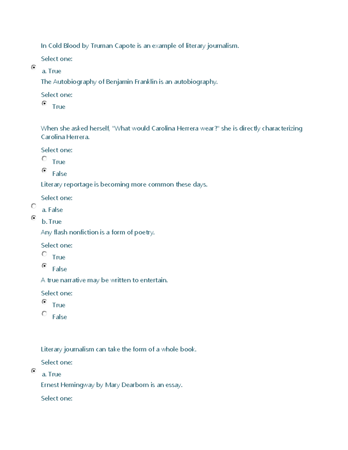 Humms-2123 week 1-20 - In Cold Blood by Truman Capote is an example of ...