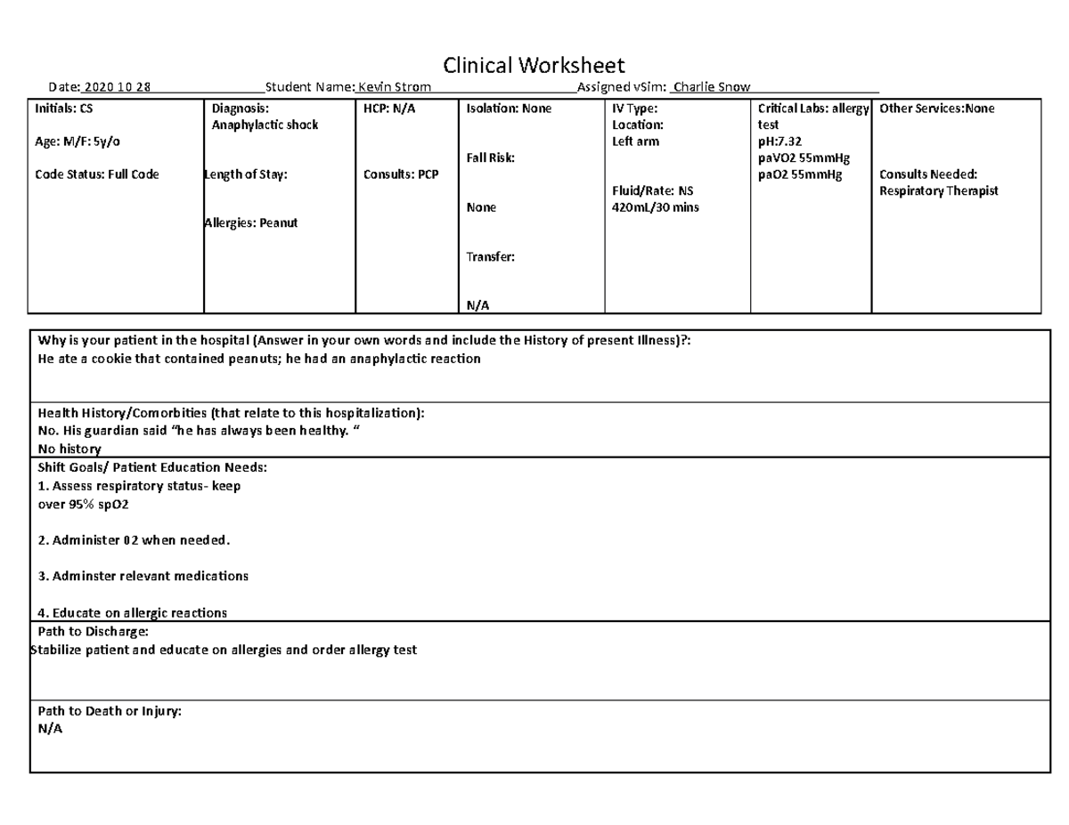 Clinical worksheet Charlie Snow vsim revised Kevin Strom - Date: 2020 ...