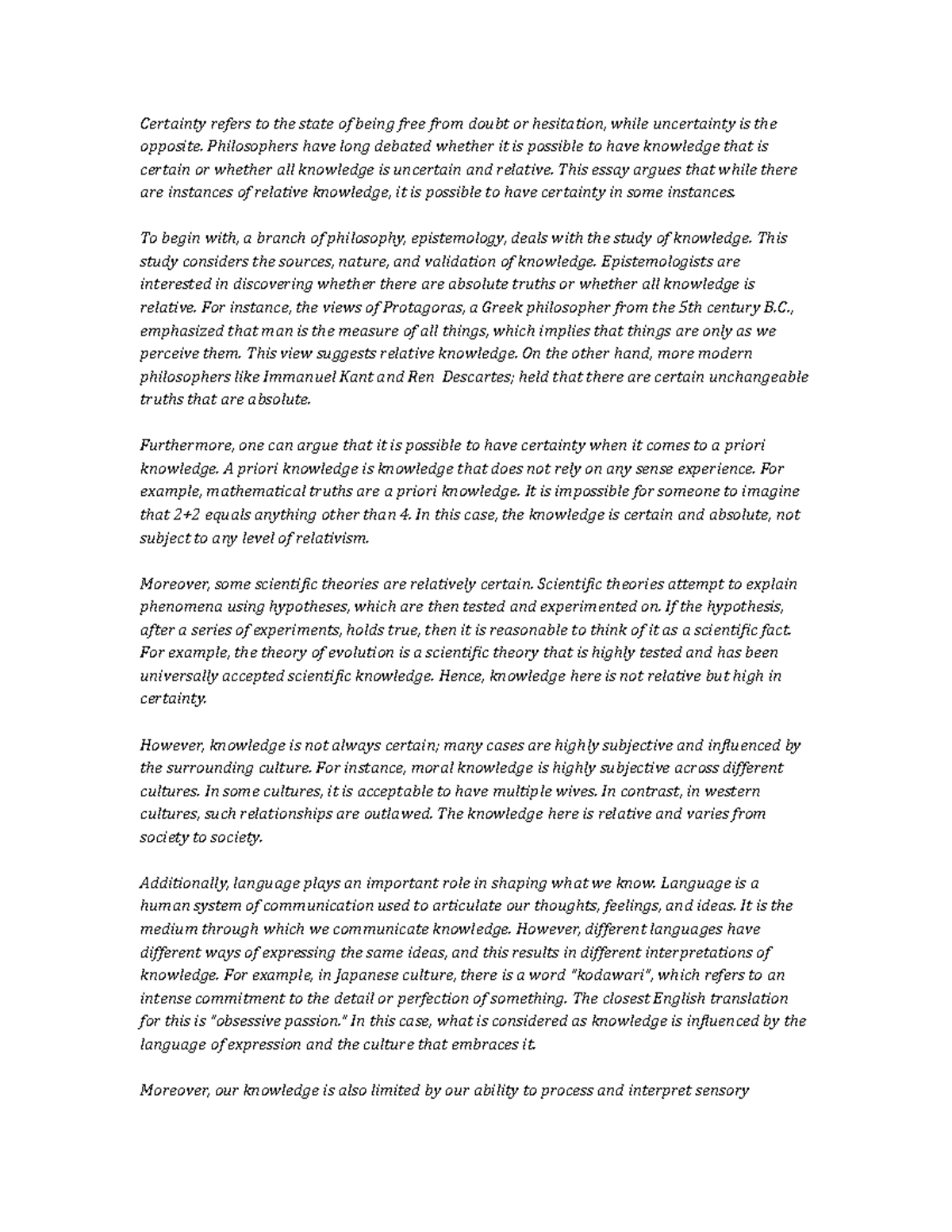 Philosophy Essay - Can We Know Anything With Certainty Or Is All ...