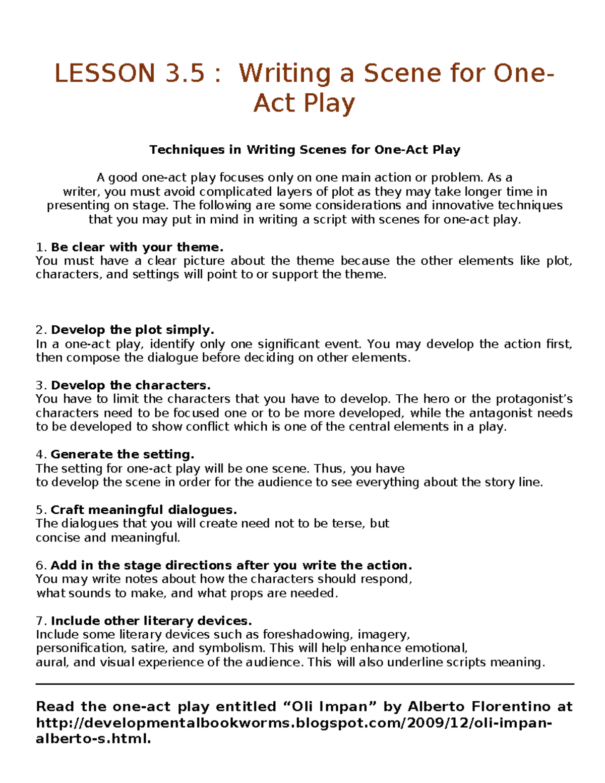 Creative Writing - LESSON 3 : Writing a Scene for One- Act Play ...