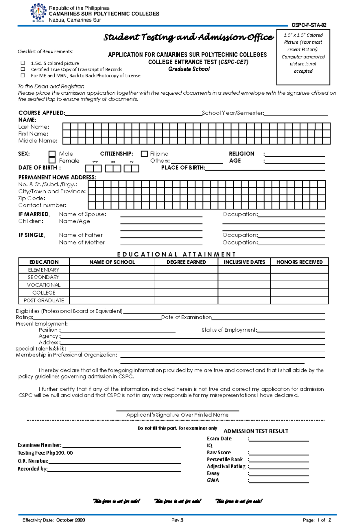 CSPC Application for CSPC CET Graduate School - Republic of the ...