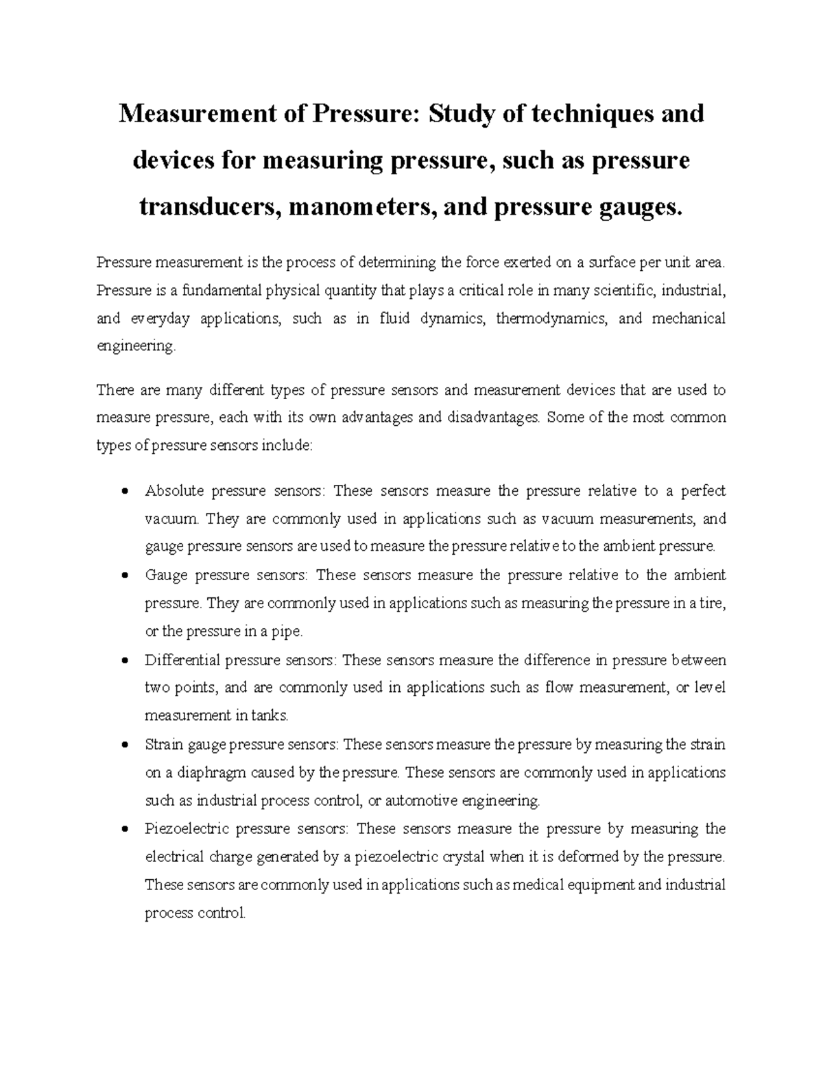 Measurement of Pressure - Pressure measurement is the process of ...