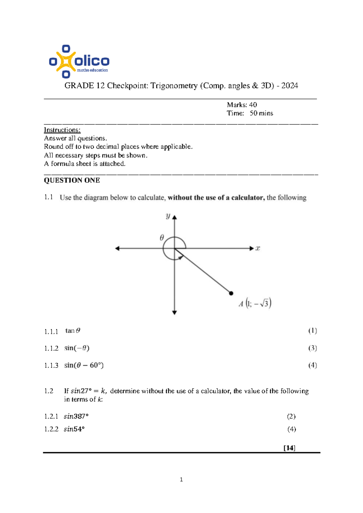 Trig g12 - Study notes - 1 GRADE 1 2 Checkpoint: Trigonometry (Comp ...