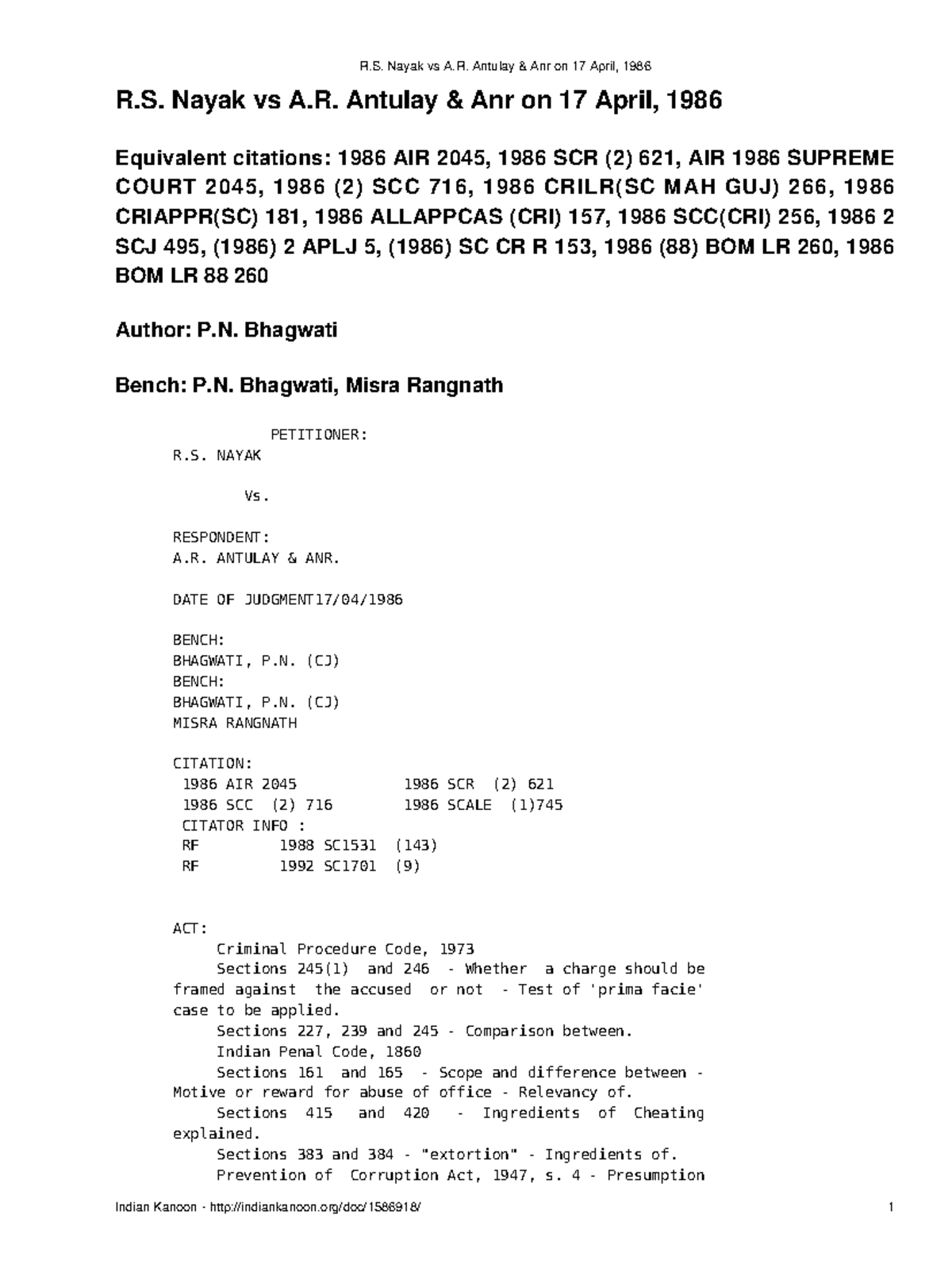 R S Nayak vs A R Antulay Anr on 17 April 1986 - R. Nayak vs A. Antulay ...