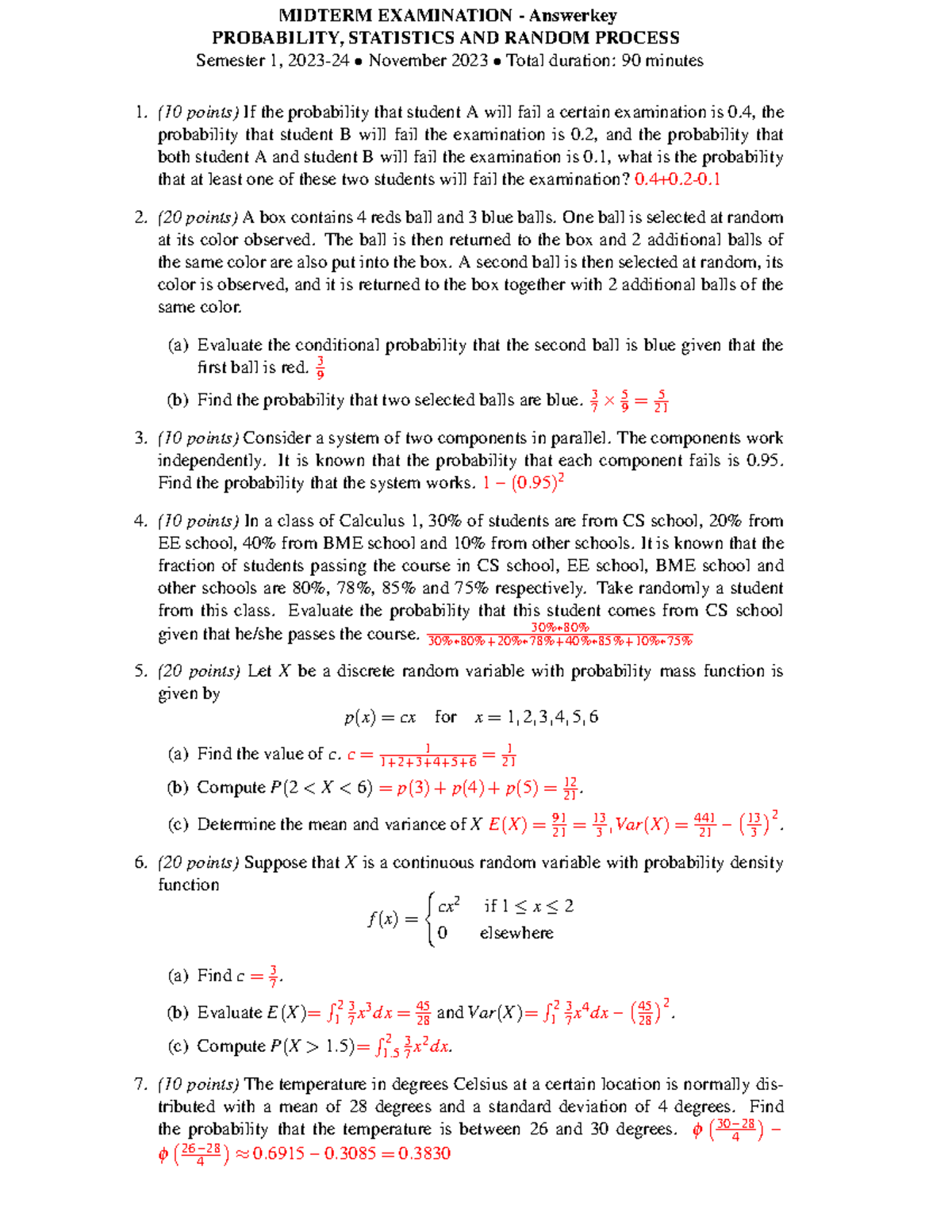 Prob MA026IU Mid 231 Answerkey - MIDTERM EXAMINATION - Answerkey PROBABILITY, STATISTICS AND ...