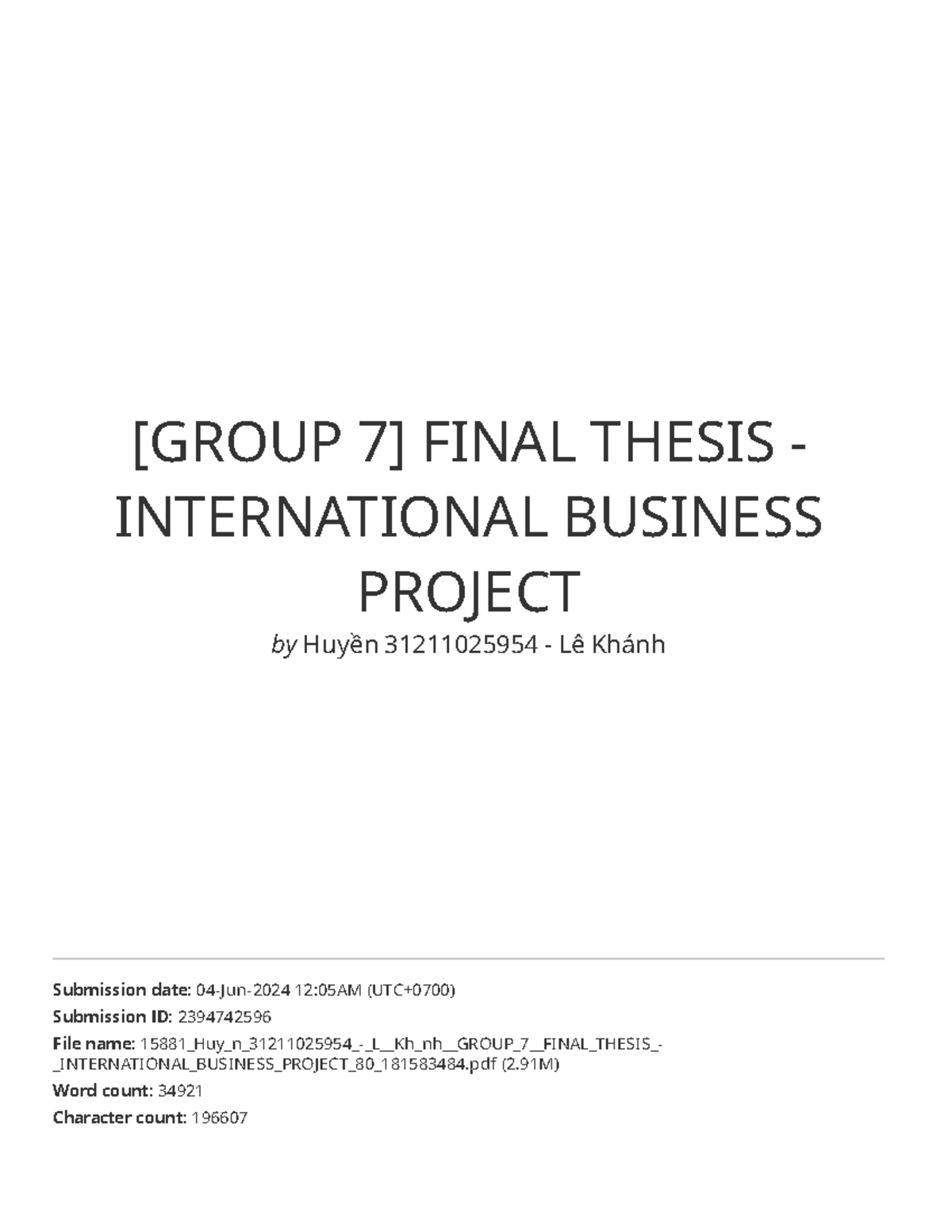 Group 7 Final Thesis International Business Project - BSP2001 - [GROUP 7] FINAL THESIS - - Studocu