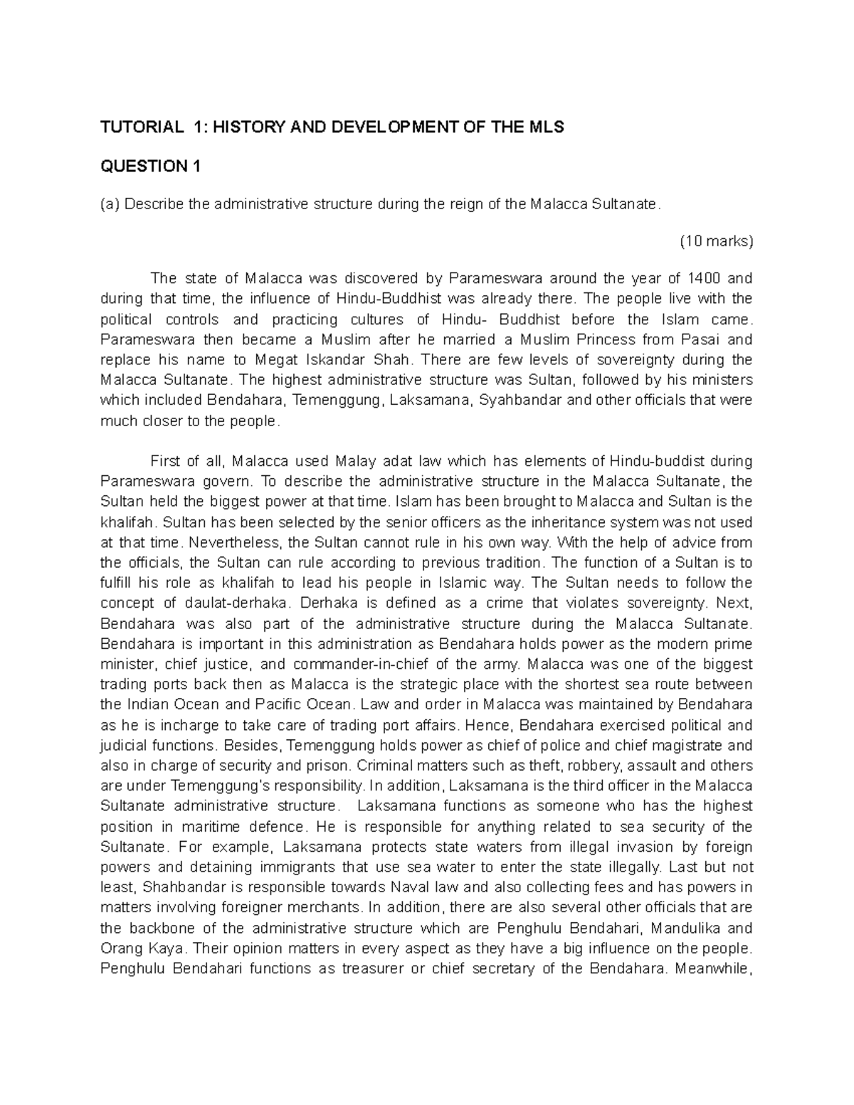 Answer Tutorial LAW434 - TUTORIAL 1: HISTORY AND DEVELOPMENT OF THE MLS ...