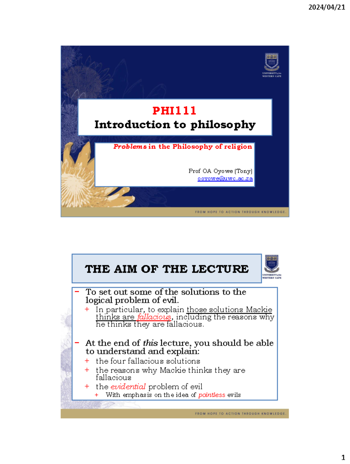 PHI 111 - Week 9 - Lecture 6-1 - PHI Introduction to philosophy Problems in the Philosophy of ...