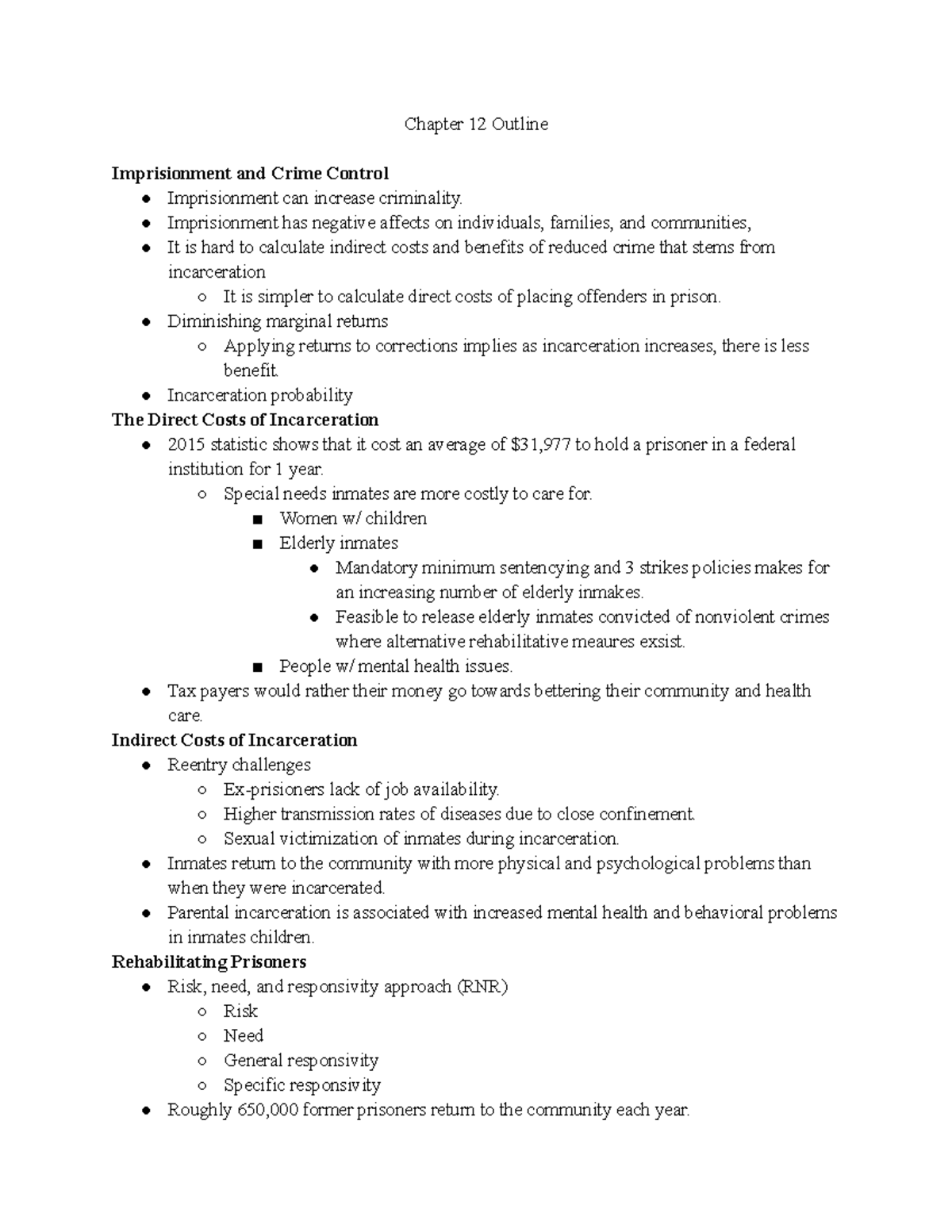 Crimin 2130- Chapter 12 Outline - Chapter 12 Outline Imprisionment and Crime Control ...