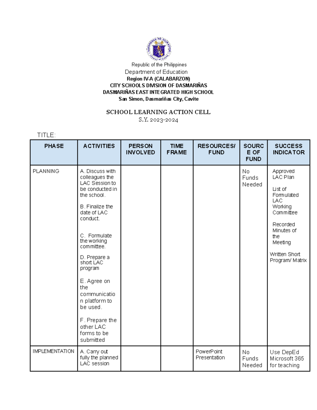 LAC-Plan-No - lac plan - Republic of the Philippines Department of ...