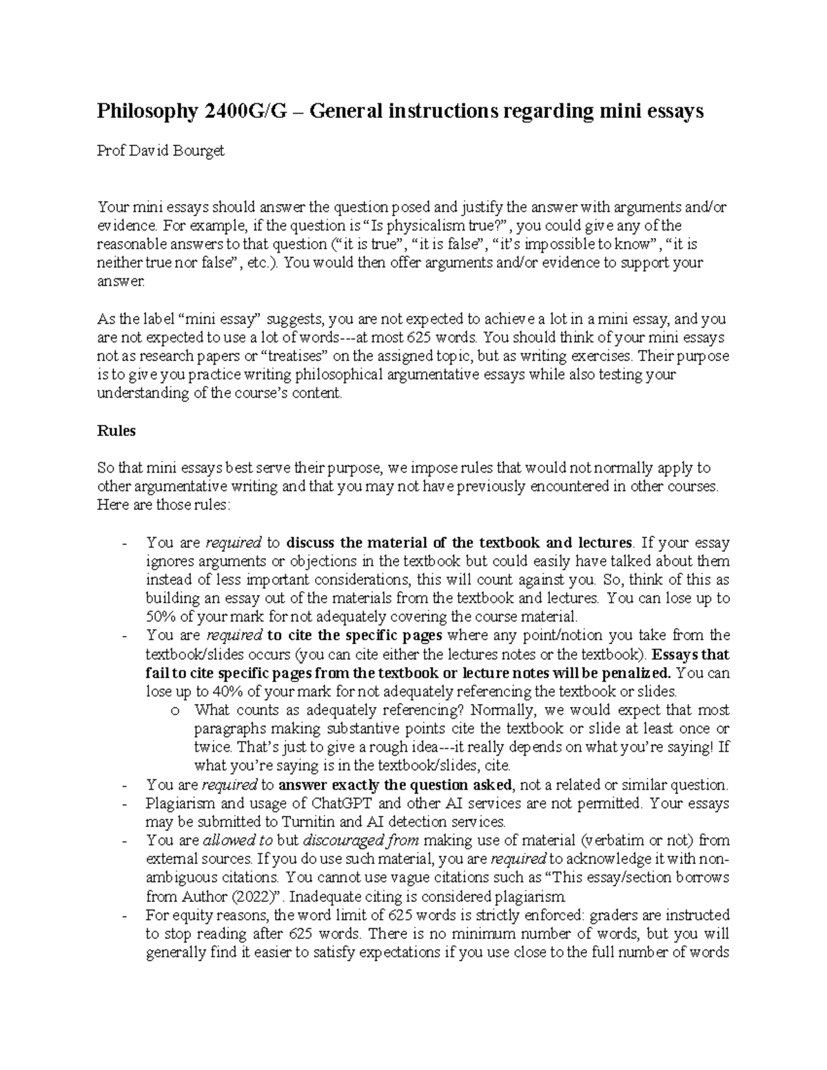Mini-essays-1 - Rules for mini essays - Philosophy 2400G/G – General ...