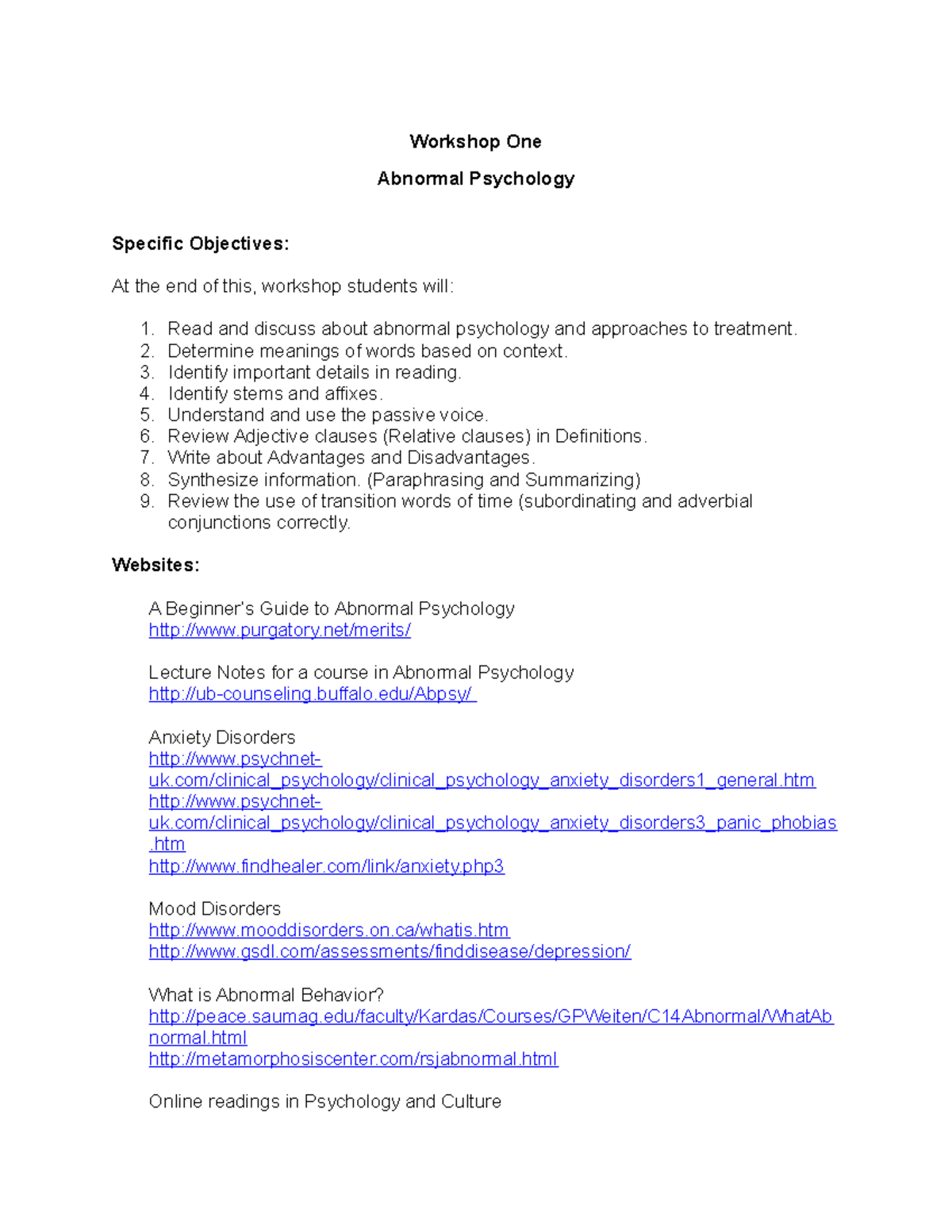 Lecture- Workshop One Abnormal Psychology - Workshop One Abnormal ...