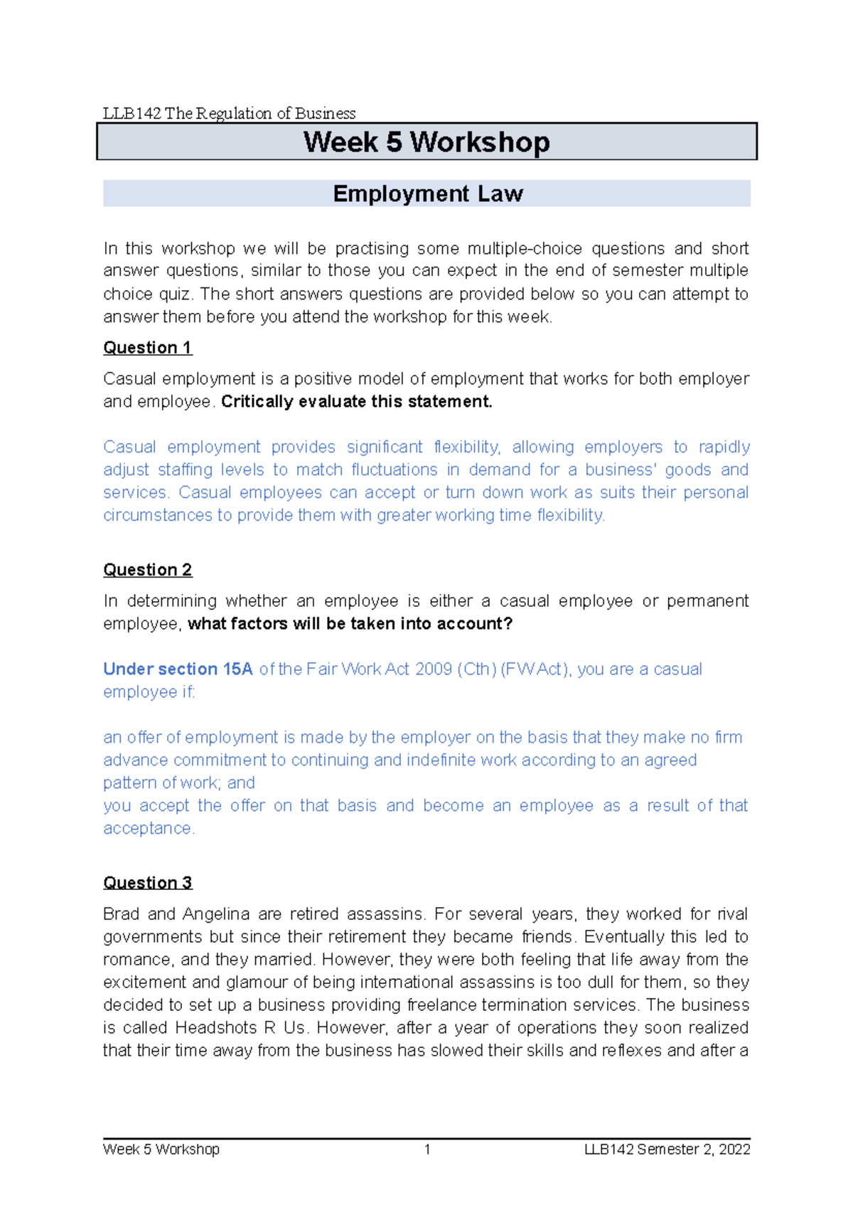 LLB142 Week 5 Workshop 5 - LLB142 The Regulation of Business Week 5 ...