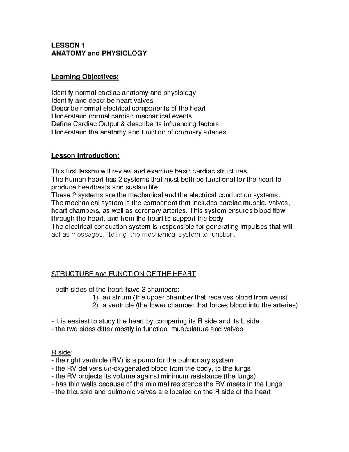 RPN-CC Lesson 1 - LESSON 1 ANATOMY and PHYSIOLOGY Learning Objectives ...