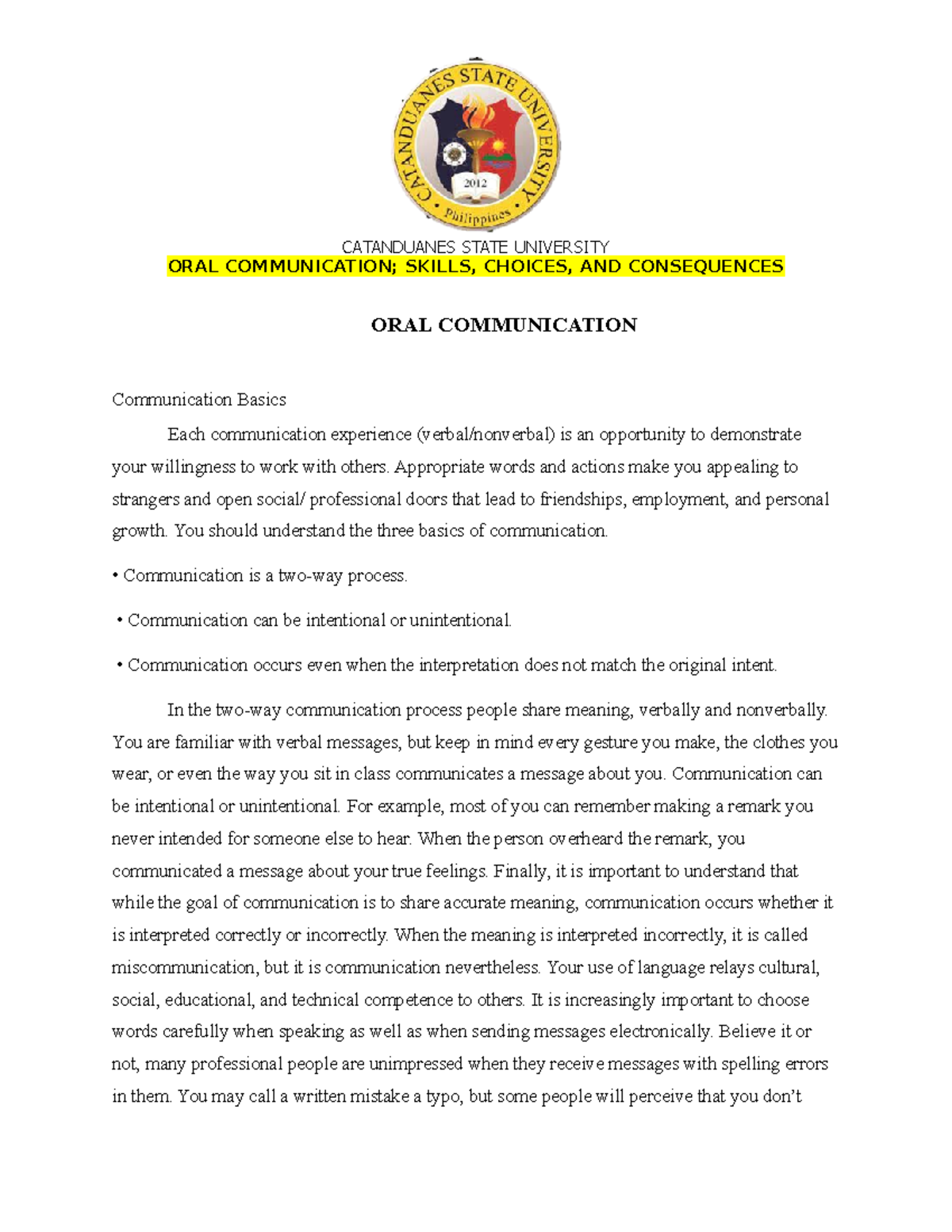 Communication Basics - ORAL COMMUNICATION; SKILLS, CHOICES, AND ...