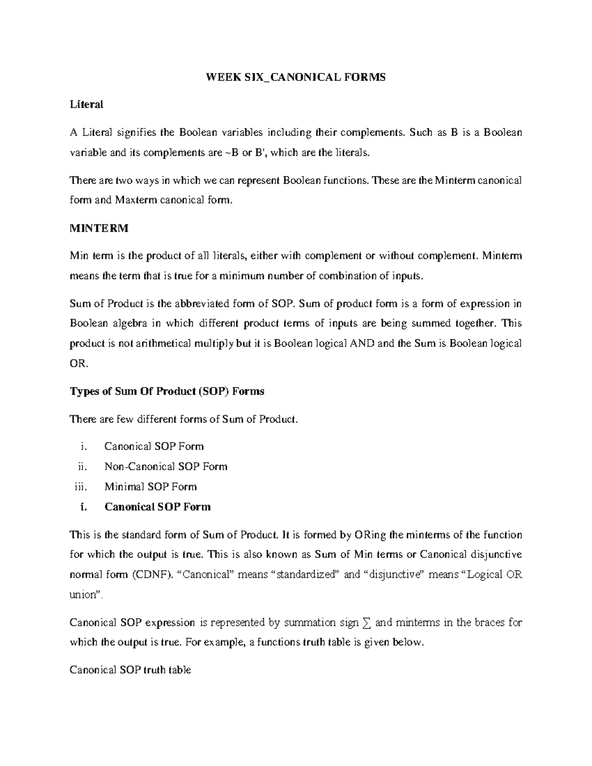 WEEK SIX Canonical FORM - WEEK SIX_CANONICAL FORMS Literal A Literal ...