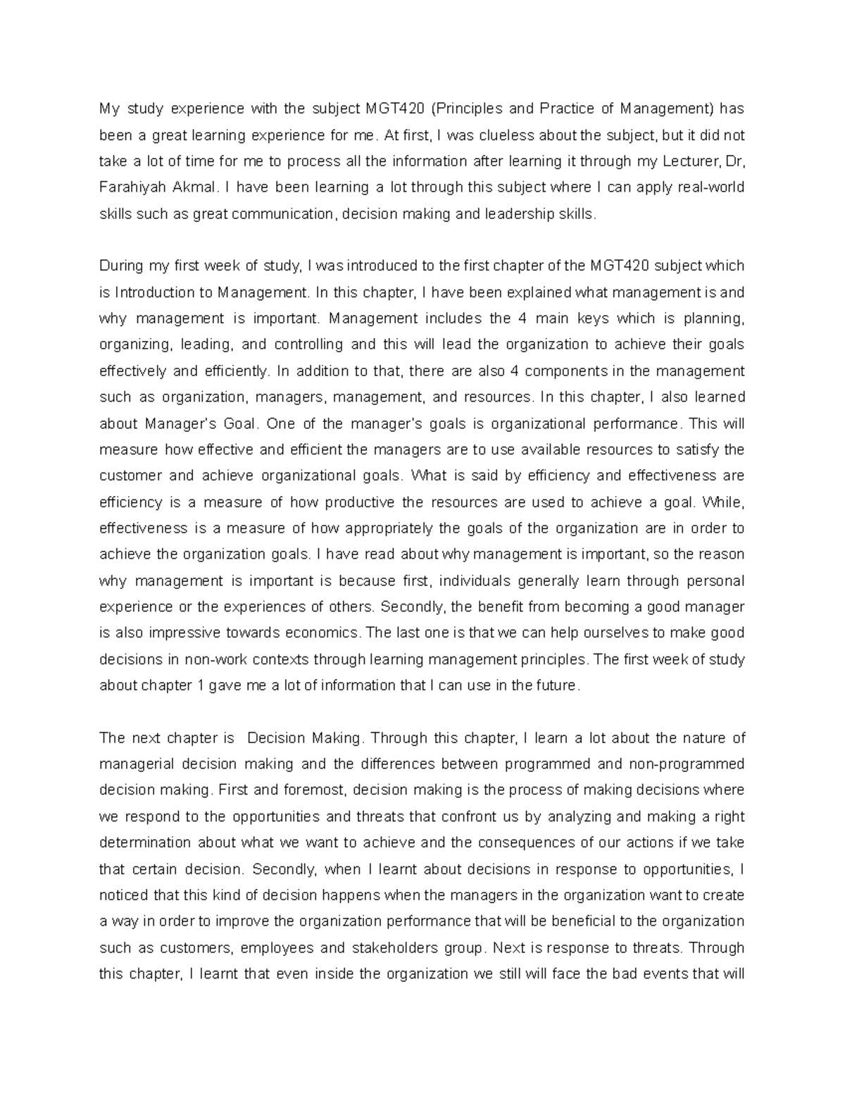 Student Reflection Paper - My study experience with the subject MGT420 ...