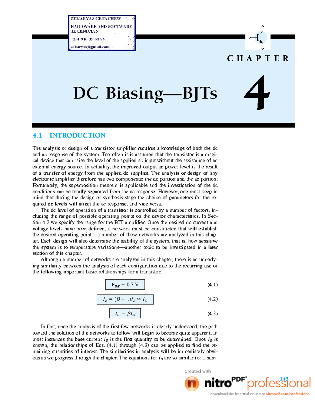 BOY DEV CHAP 04 - mjbjhbuhgu - C H A P T E R 4 DC Biasing—BJTs 4 INTRODUCTION The analysis or ...