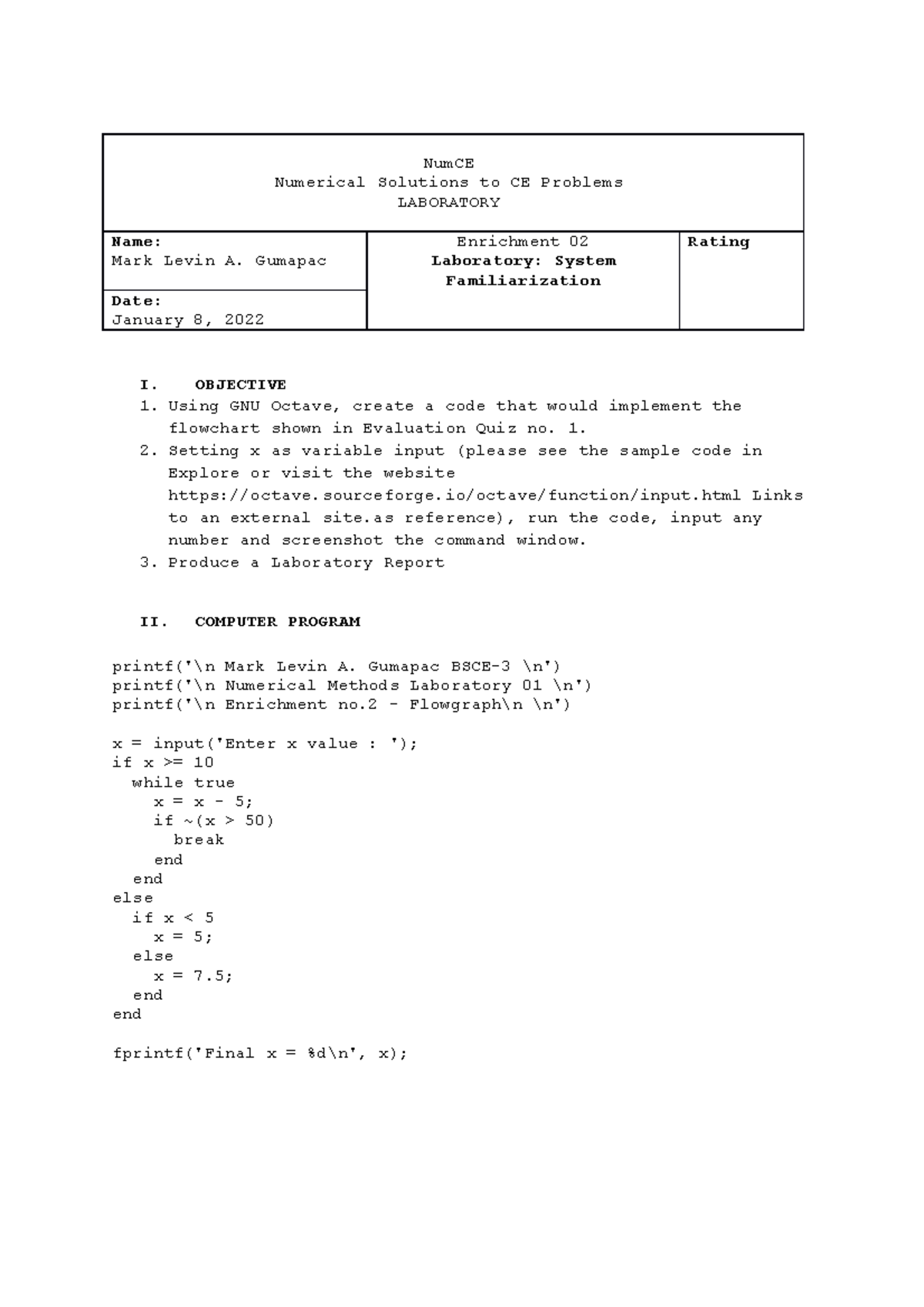 Numce - NumCE Numerical Solutions to CE Problems LABORATORY Name: Mark ...