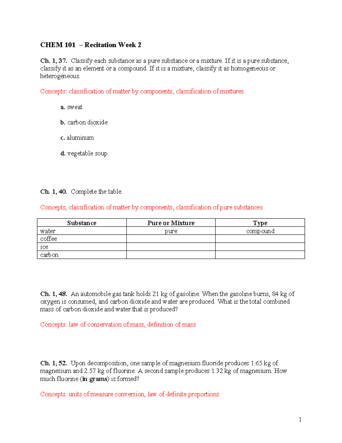 CHEM 101 Recitation Week 2 - CHEM 101 – Recitation Week 2 Ch. 1, 37 ...