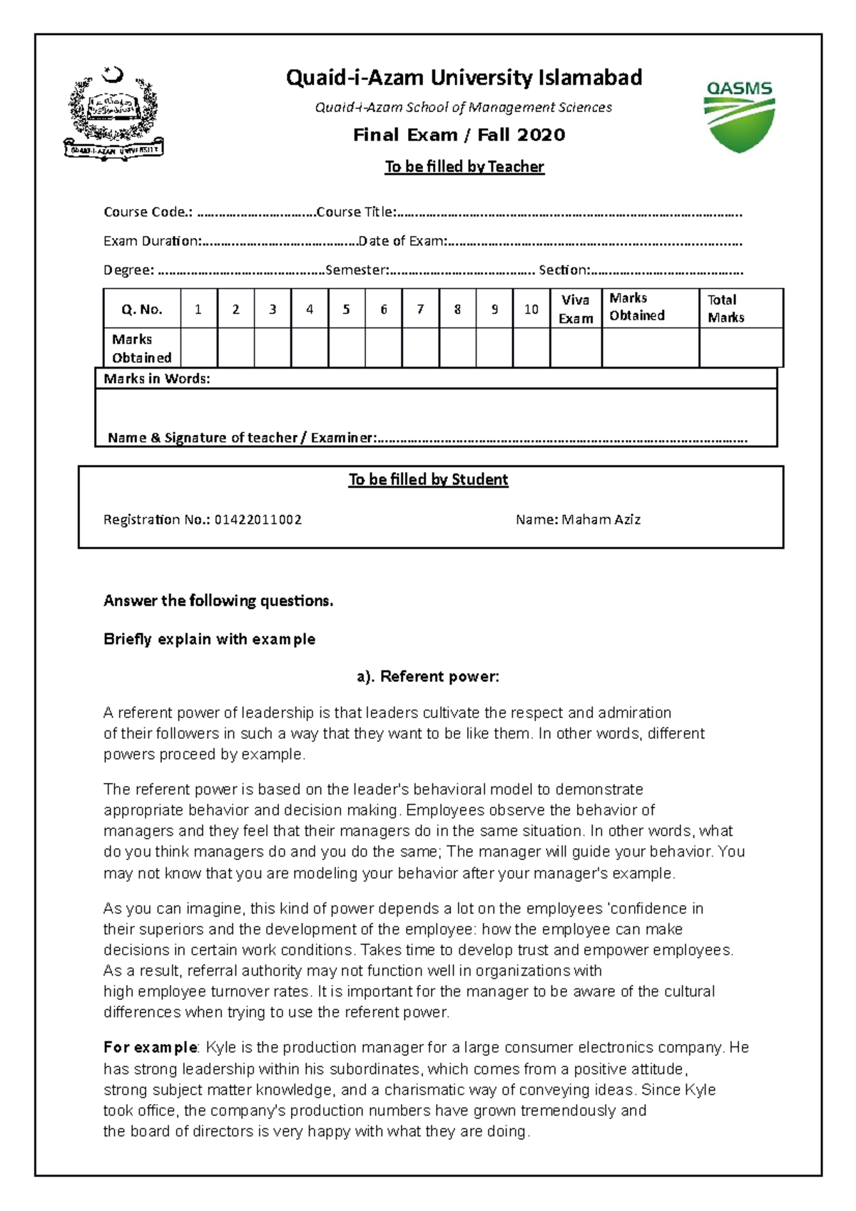 Organizational behaviour paper questions answers - Quaid-i-Azam ...