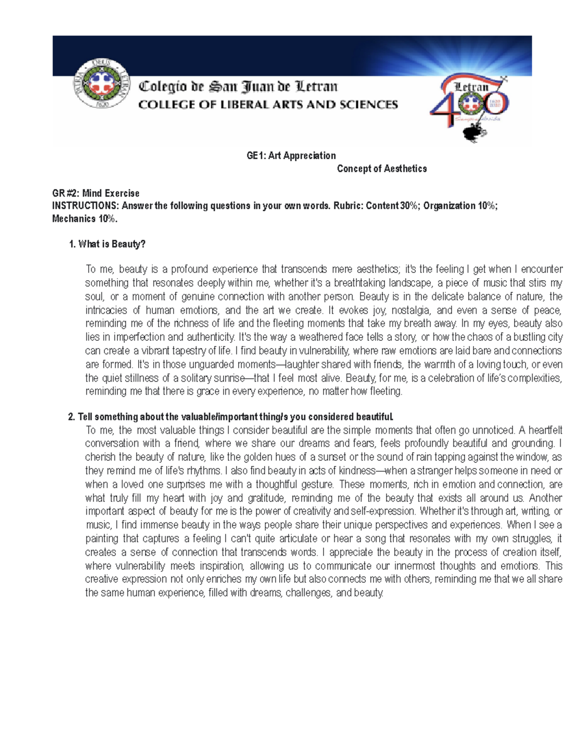 GE1 - GR#2 - MIND Exercise - GE1: Art Appreciation Concept of ...