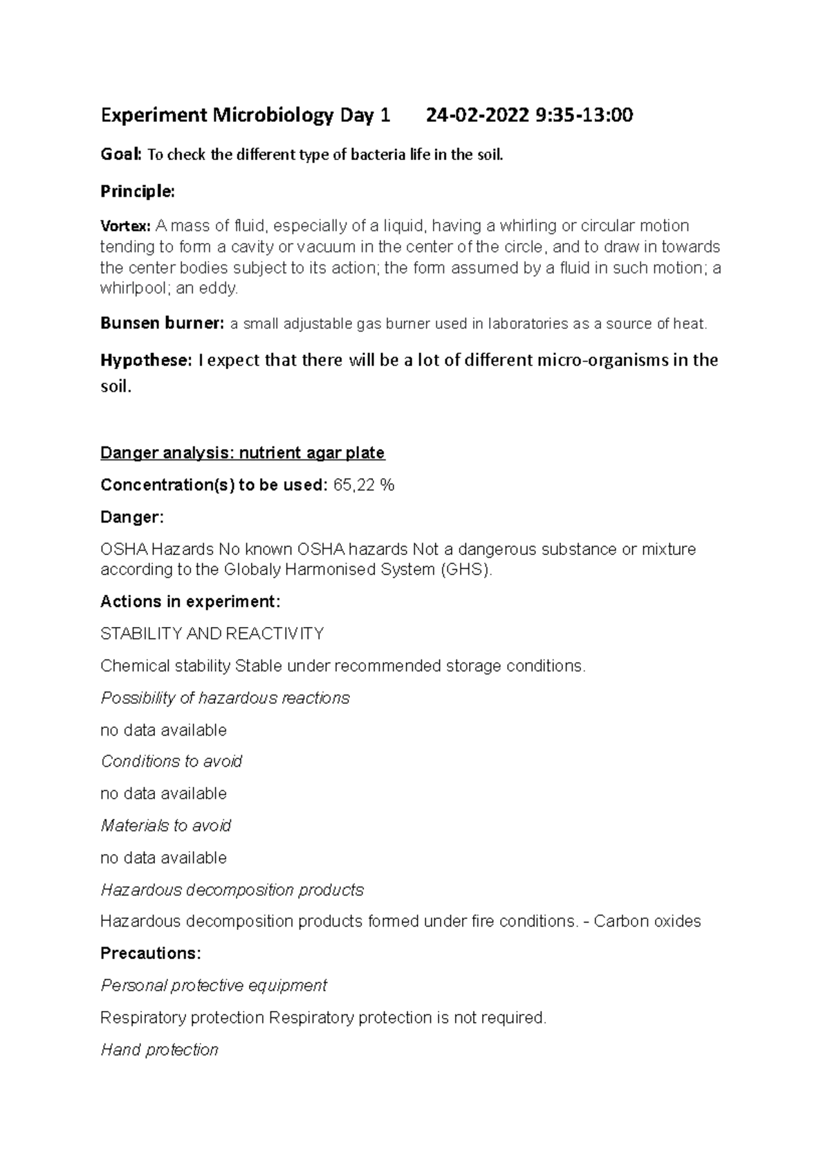 Final lab journal redo - Experiment Microbiology Day 1 24-02-2022 9:35 ...