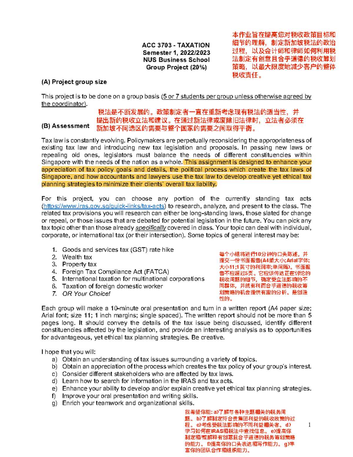 Group Projec - 1 ACC 3703 - TAXATION Semester 1, 2022/ NUS Business ...