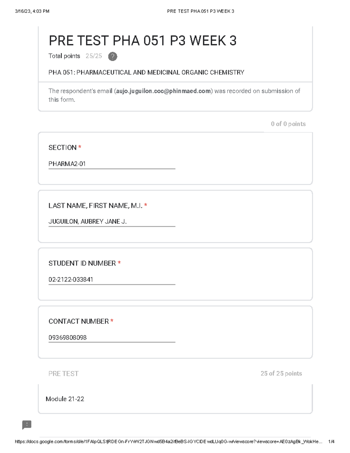 PRE TEST PHA 051 P3 WEEK 3 - 0 of 0 points PHARMA2- JUGUILON, AUBREY ...