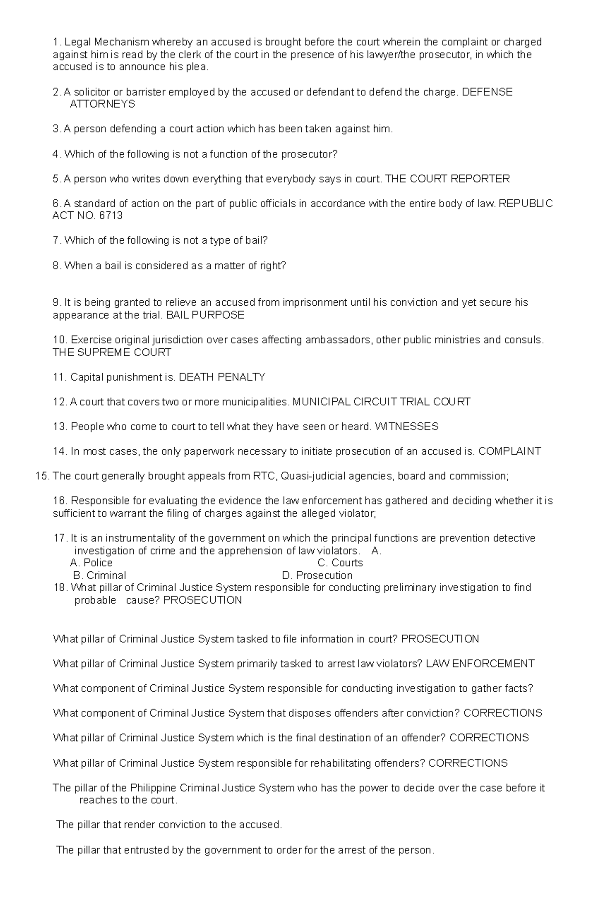 CJS- Reviewer - OUR LADY OF FATIMA - Legal Mechanism whereby an accused ...