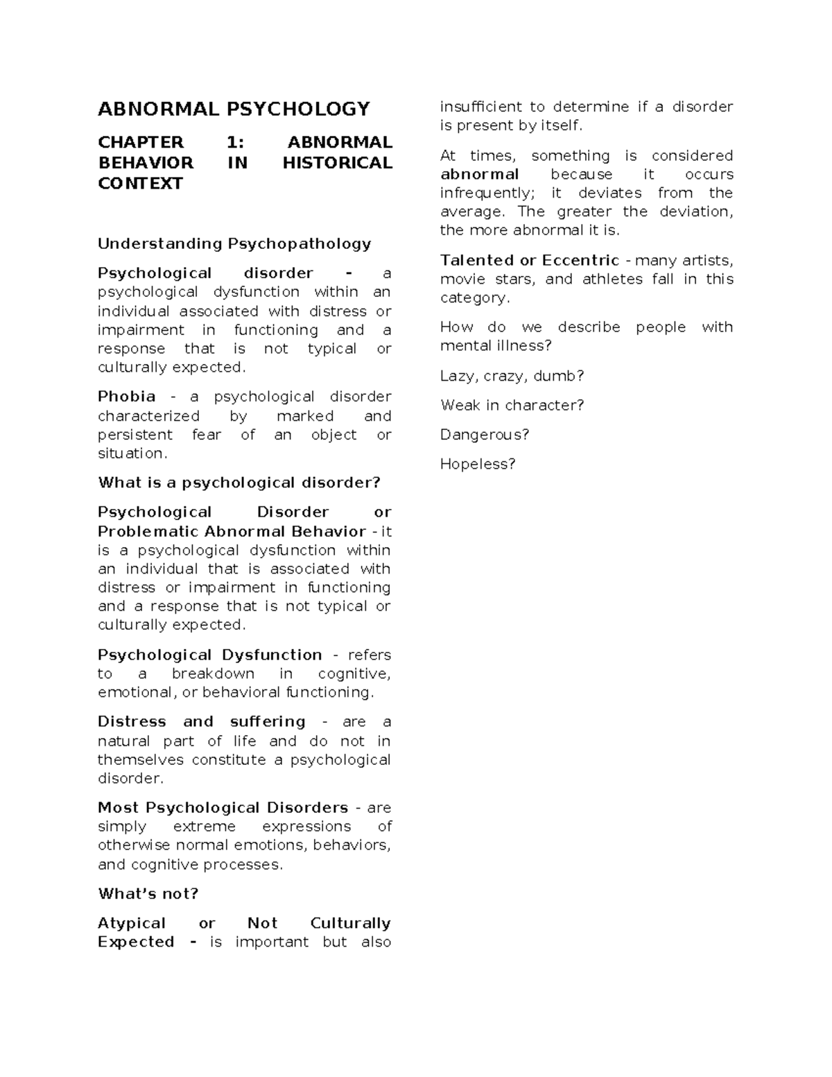 Abnormal Psychology - ABNORMAL PSYCHOLOGY CHAPTER 1: ABNORMAL BEHAVIOR ...