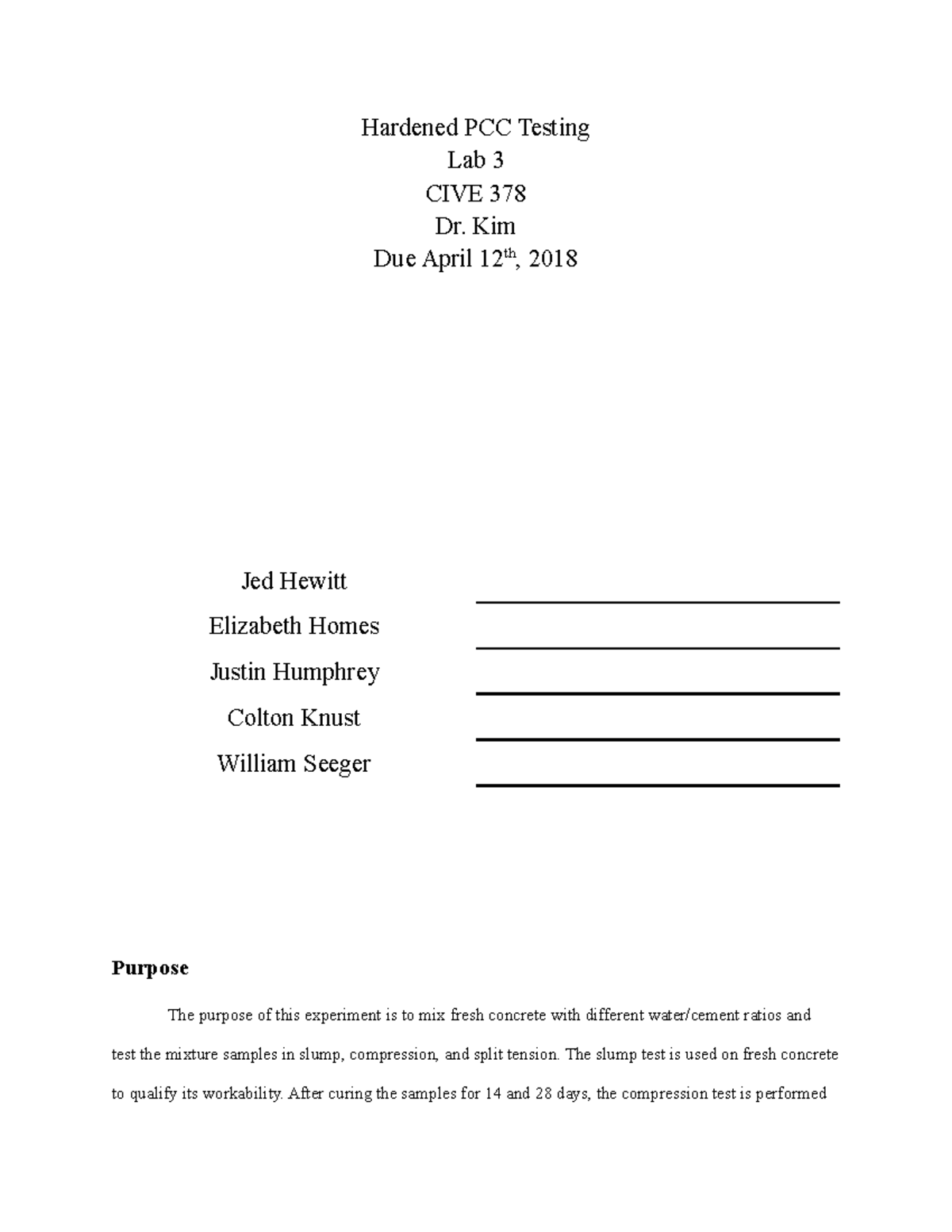 Materials Lab 3 - Hardened PCC Testing Lab 3 CIVE 378 Dr. Kim Due April ...