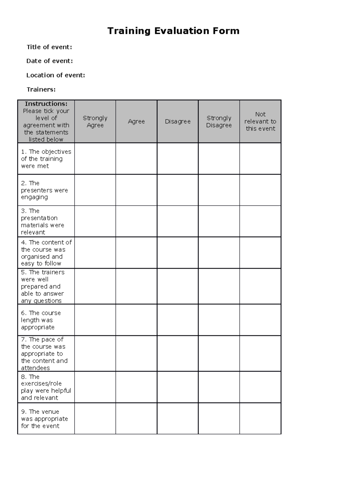 Training Evaluation Form (English) - Training Evaluation Form Title of ...