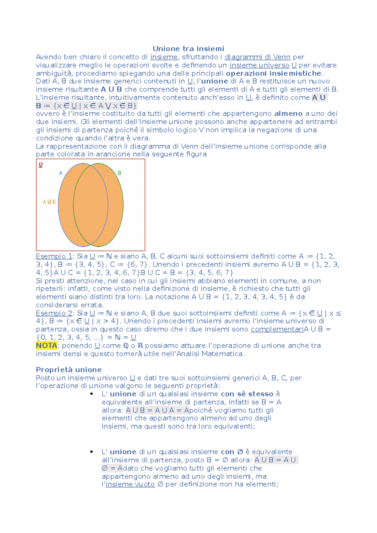 Unione tra insiemi - preparazione esame - Unione tra insiemi Avendo ben ...