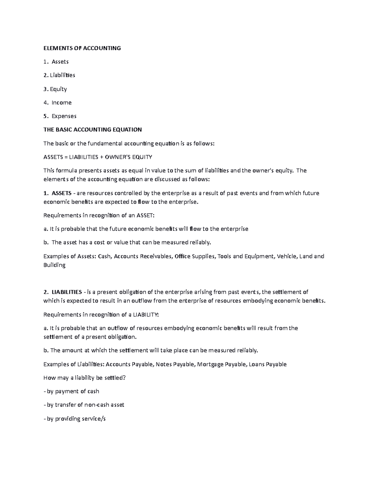 Elements OF Accounting - ELEMENTS OF ACCOUNTING Assets Liabilities ...