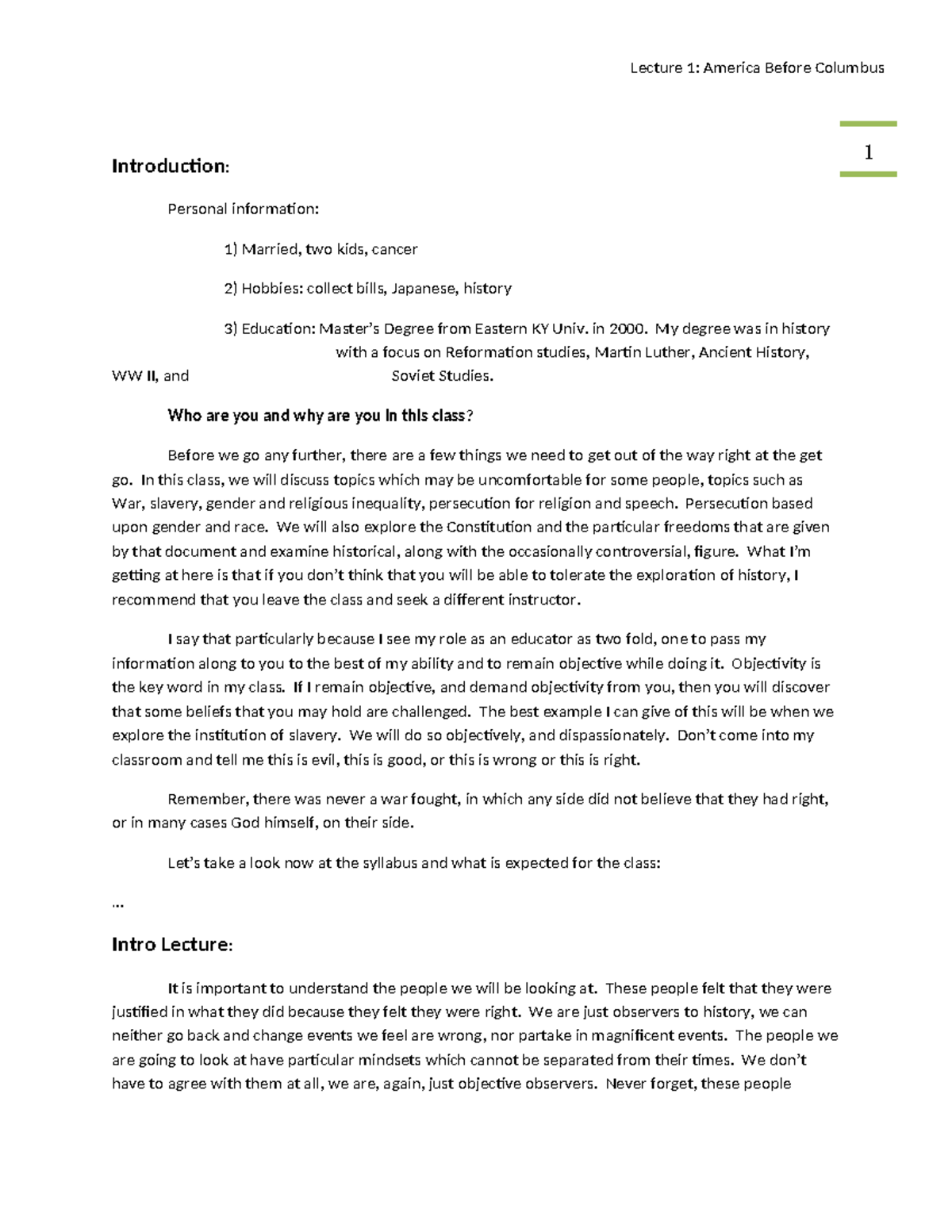 Lecture 1 America Before Columbus - 1 Introduction: Personal ...