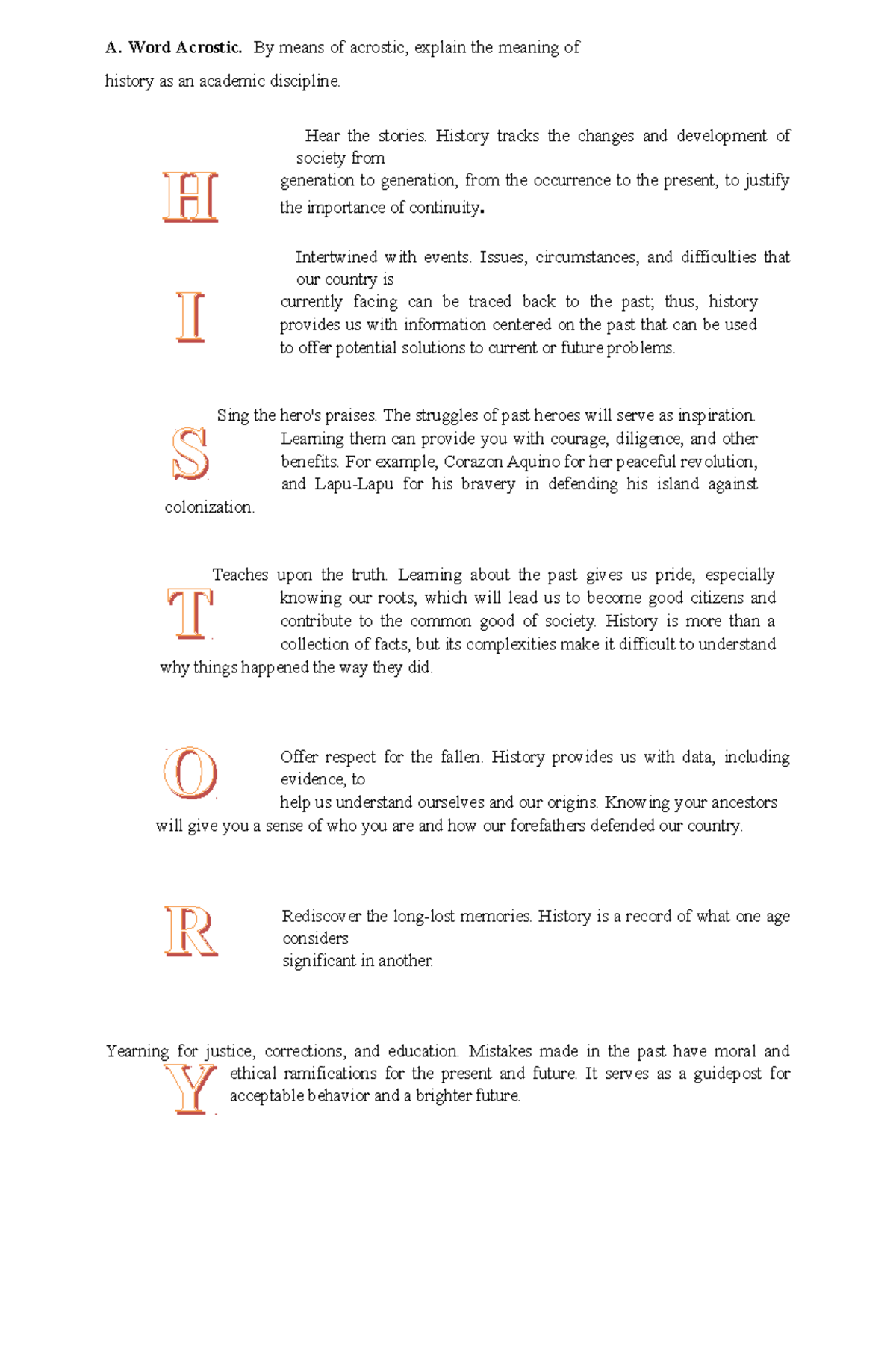 Readings in Philippine History - A. Word Acrostic. By means of acrostic ...