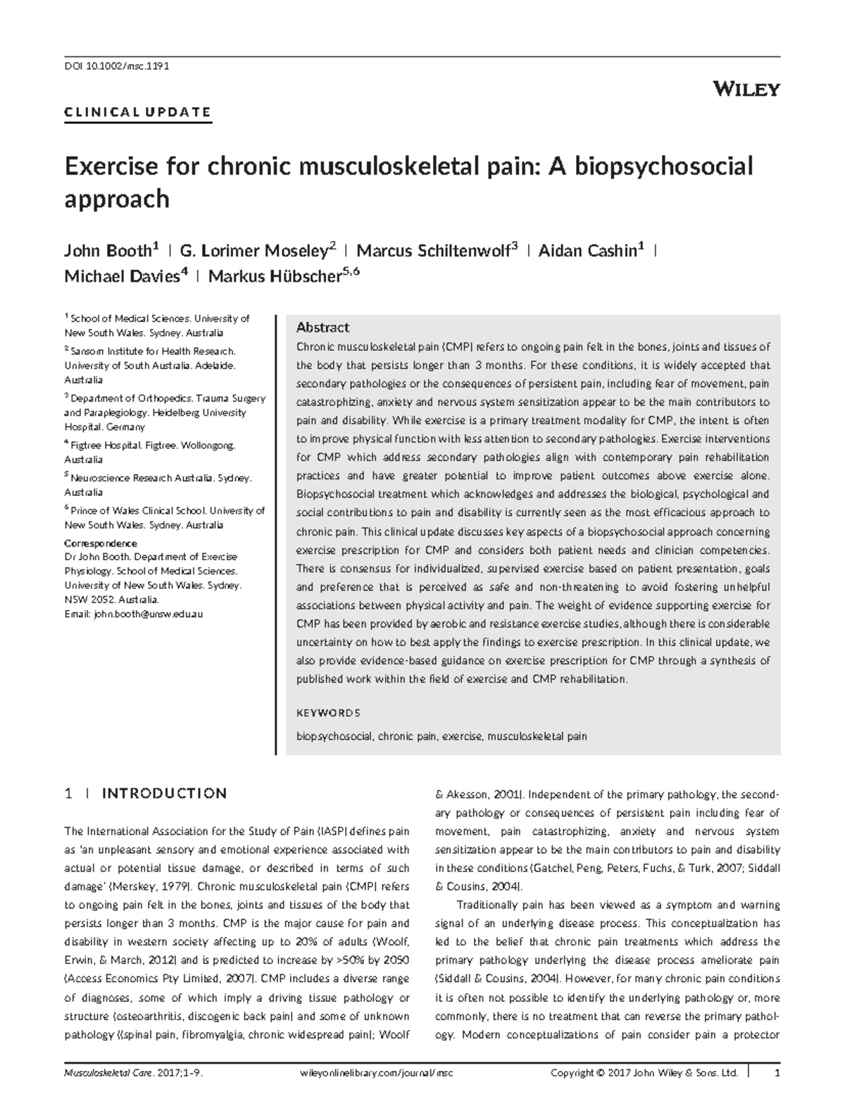 Exercises and chronic pain Booth 2017 - CLINICAL UPDATE Exercise for ...