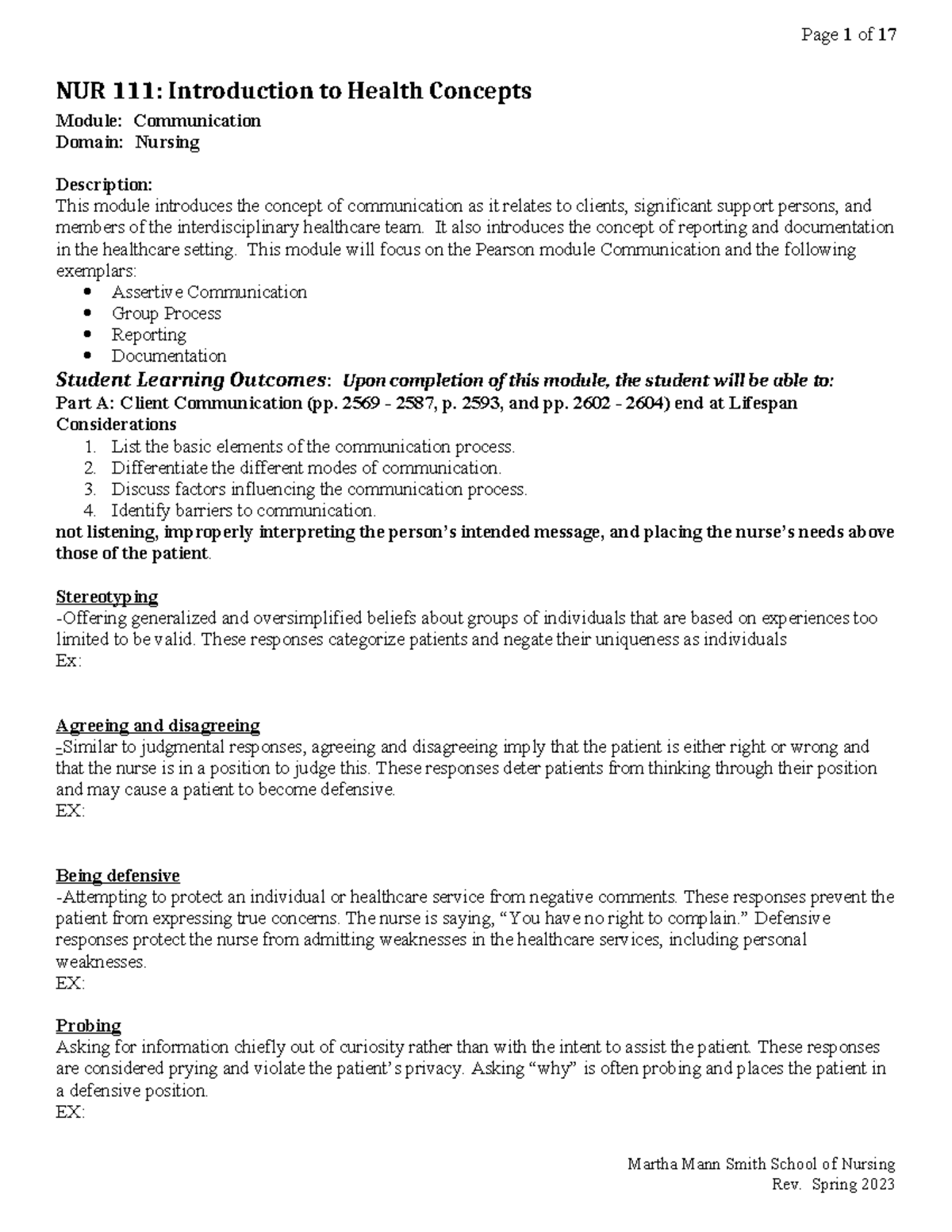 Communication SLO's - Study material in class - NUR 111: Introduction ...