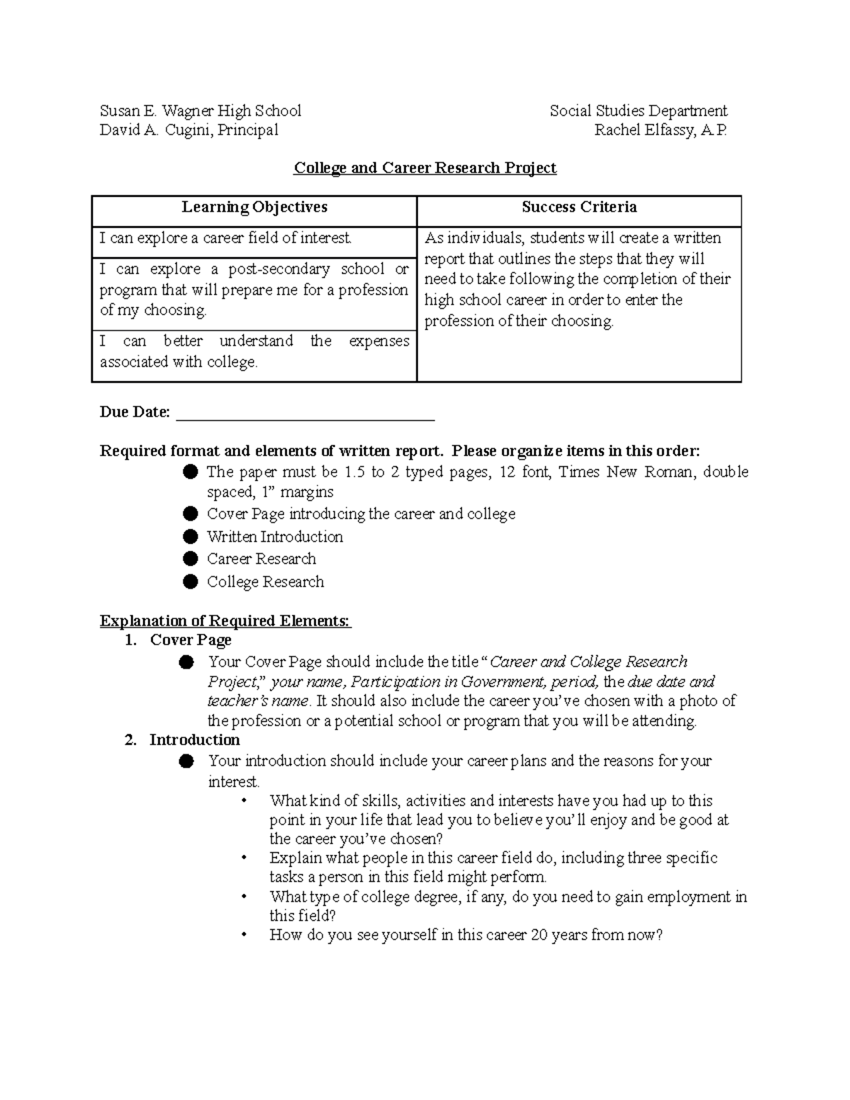 College Career Project - Susan E. Wagner High School Social Studies ...