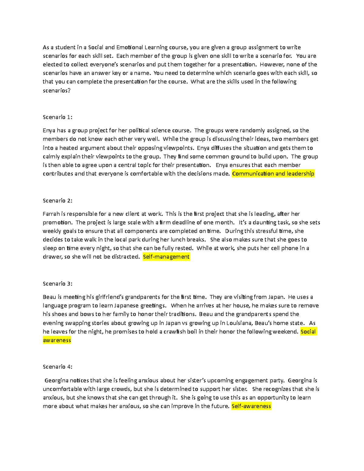 SEL paragraph scenarios SA - As a student in a Social and Emotional ...