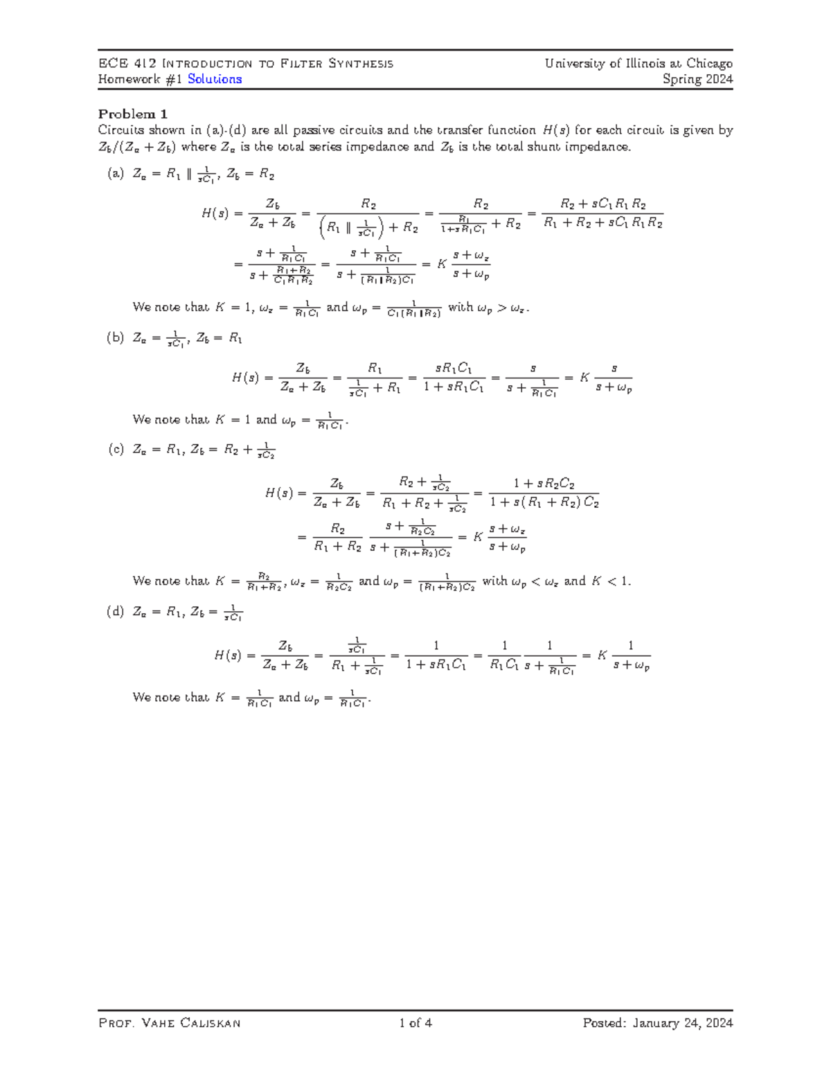 Hw1 sol - Homework solutions - Homework #1 Solutions Spring 2024 Problem 1 Circuits shown in (a ...