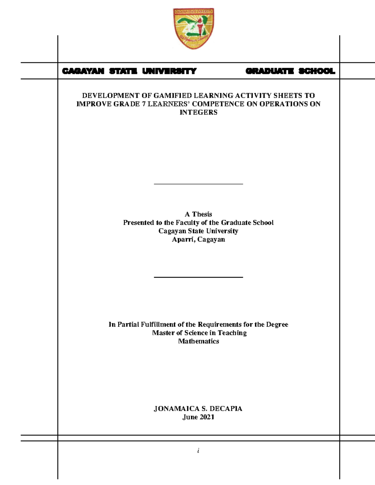 Decapia -for-final-defense - i DEVELOPMENT OF GAMIFIED LEARNING ...