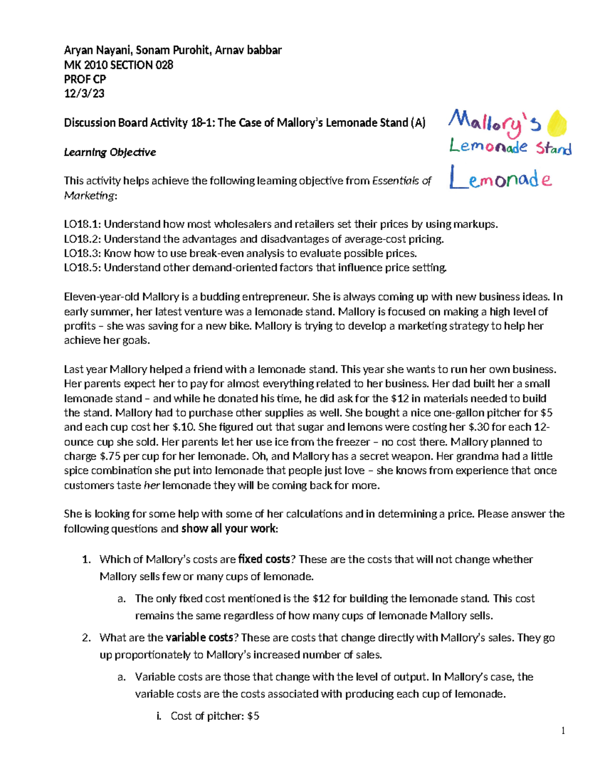 DB18-1 Case of Mallory's Lemonade Stand - Aryan Nayani, Sonam Purohit ...